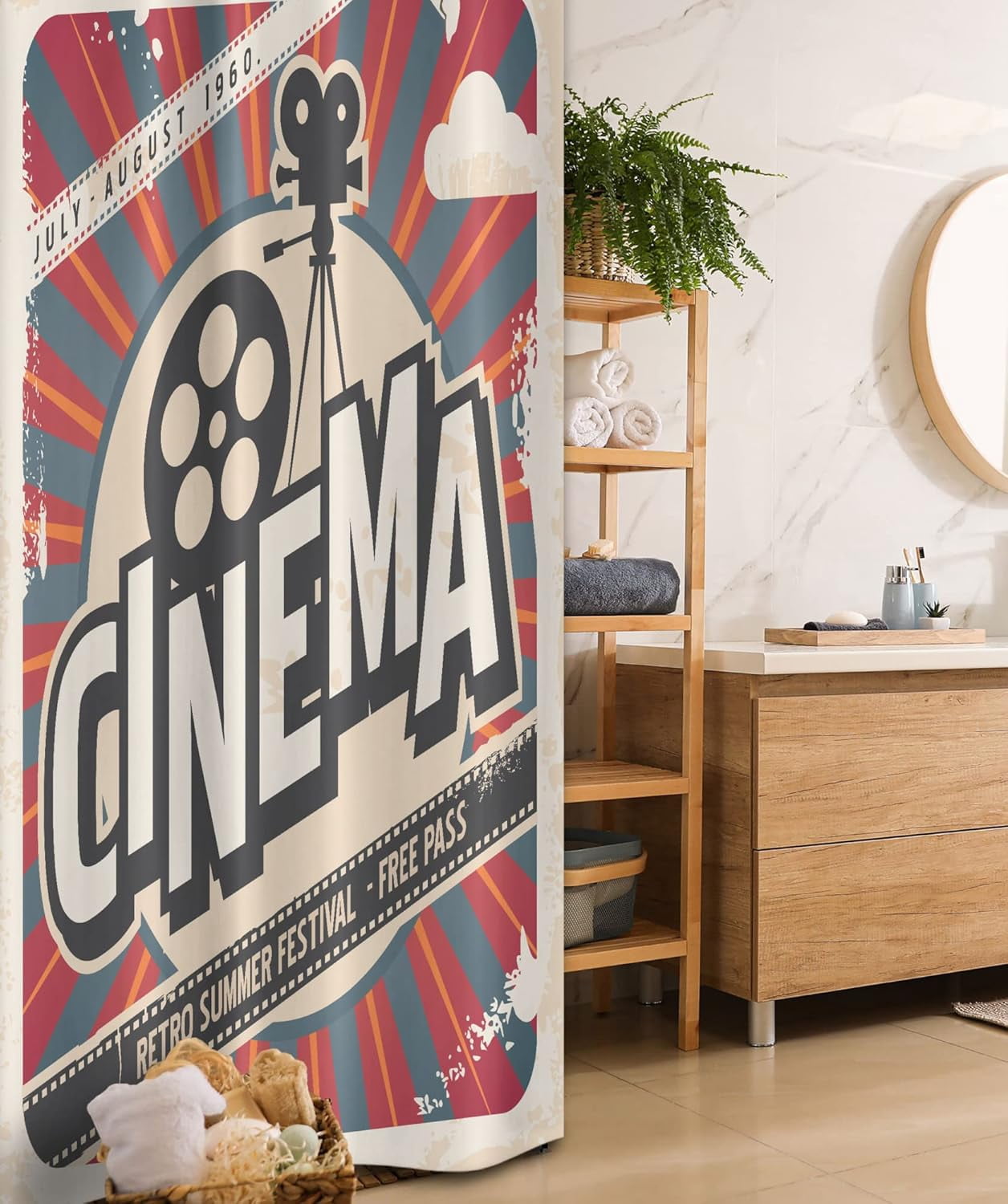 Vintage Stall Shower Curtain, Retro Cinema Movie Vintage Paper Texture ...
