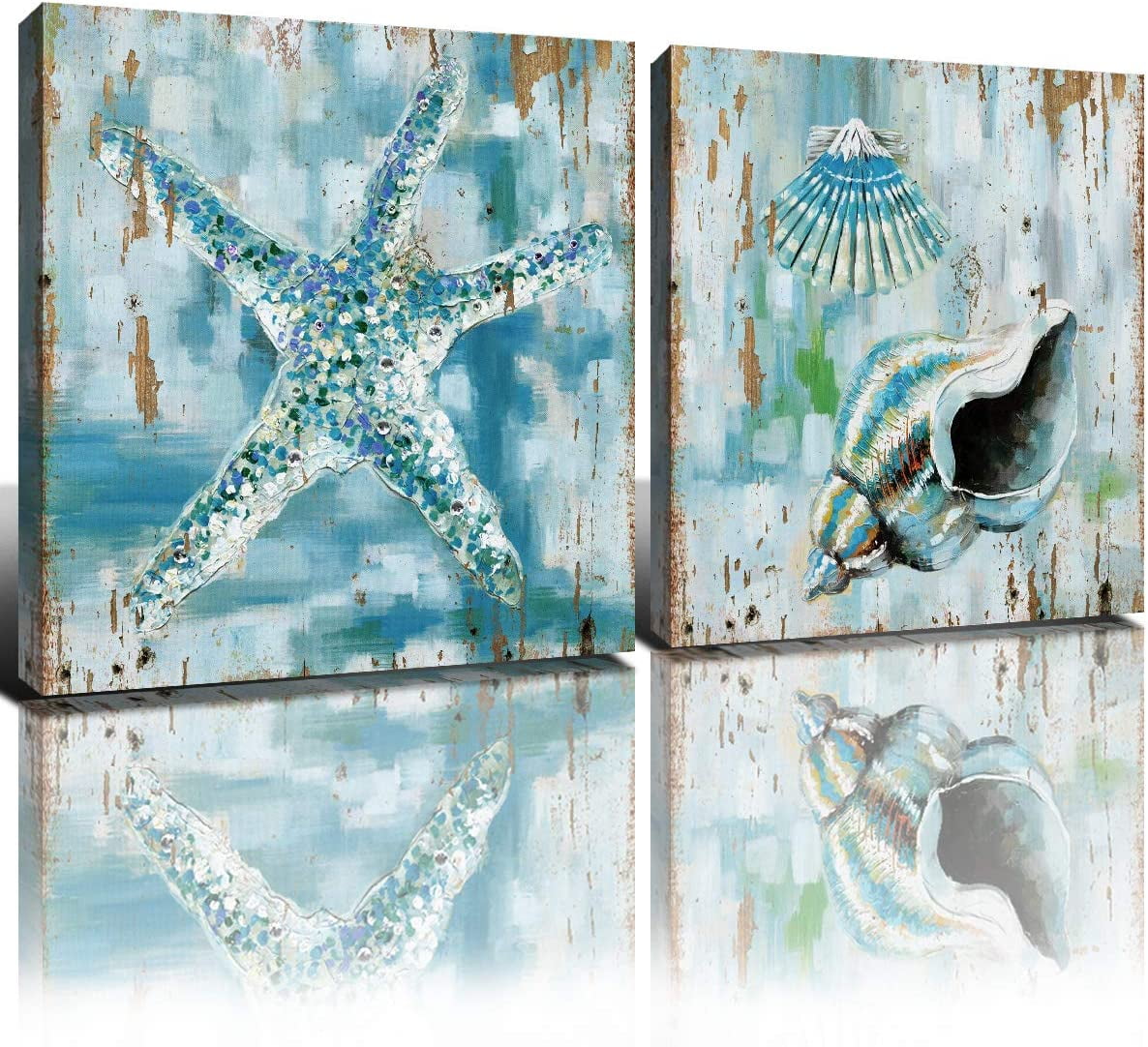 Vintage Starfish Bathroom Wall Art Teal Beach Room Decor Blue Sea Shell ...