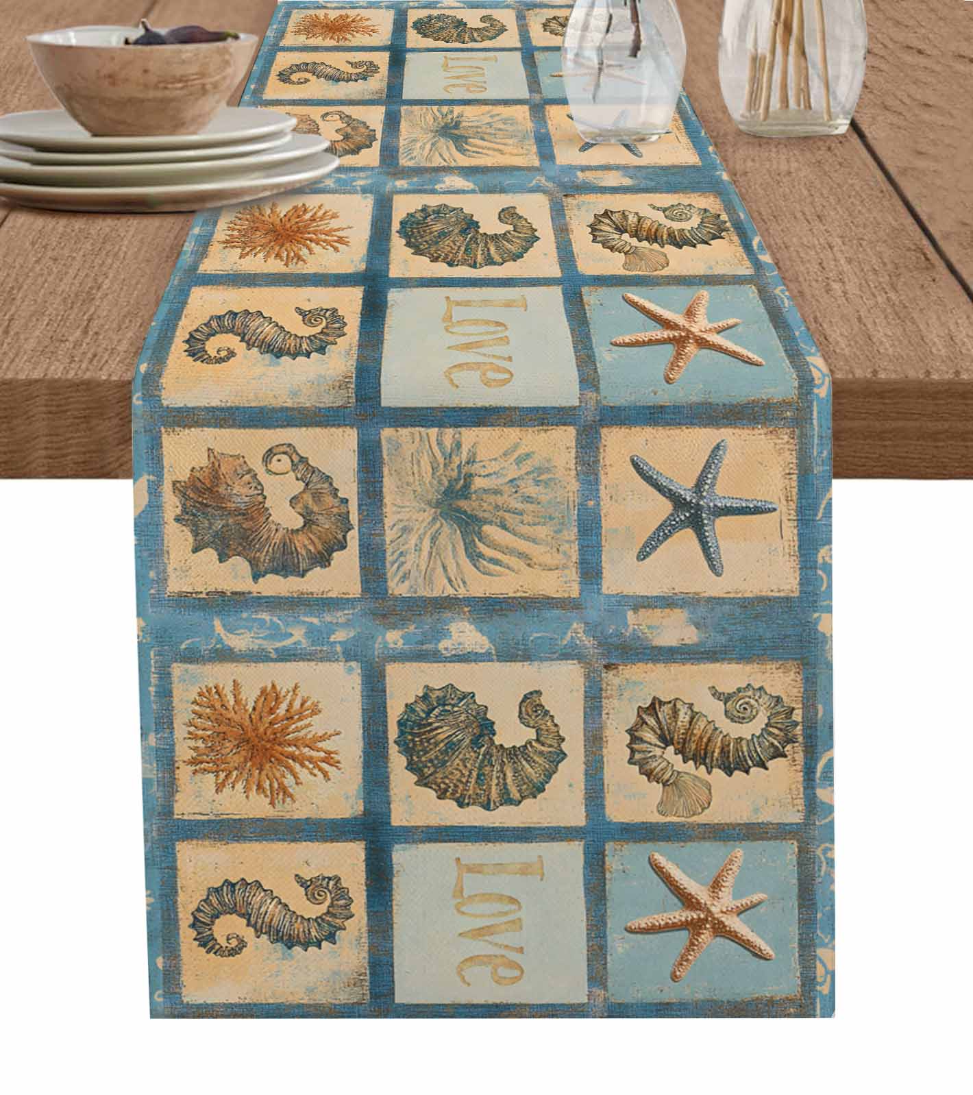 Vintage Starfish Coastal Table Runner 90 Inches, Retro Nautical Shell ...