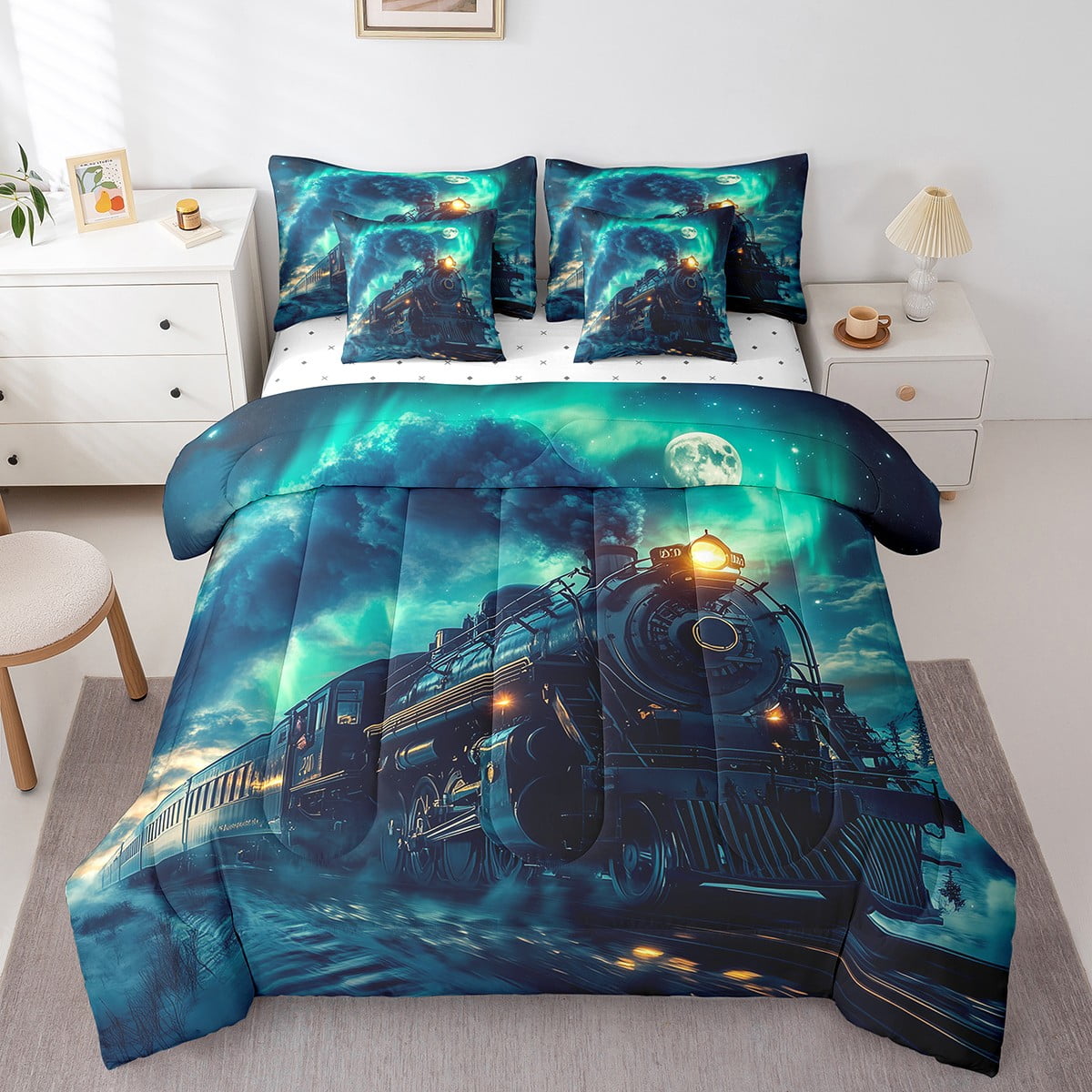 Vintage Steam Engine Bed In A Bag 7 Pieces Old Train Car King Comforter ...