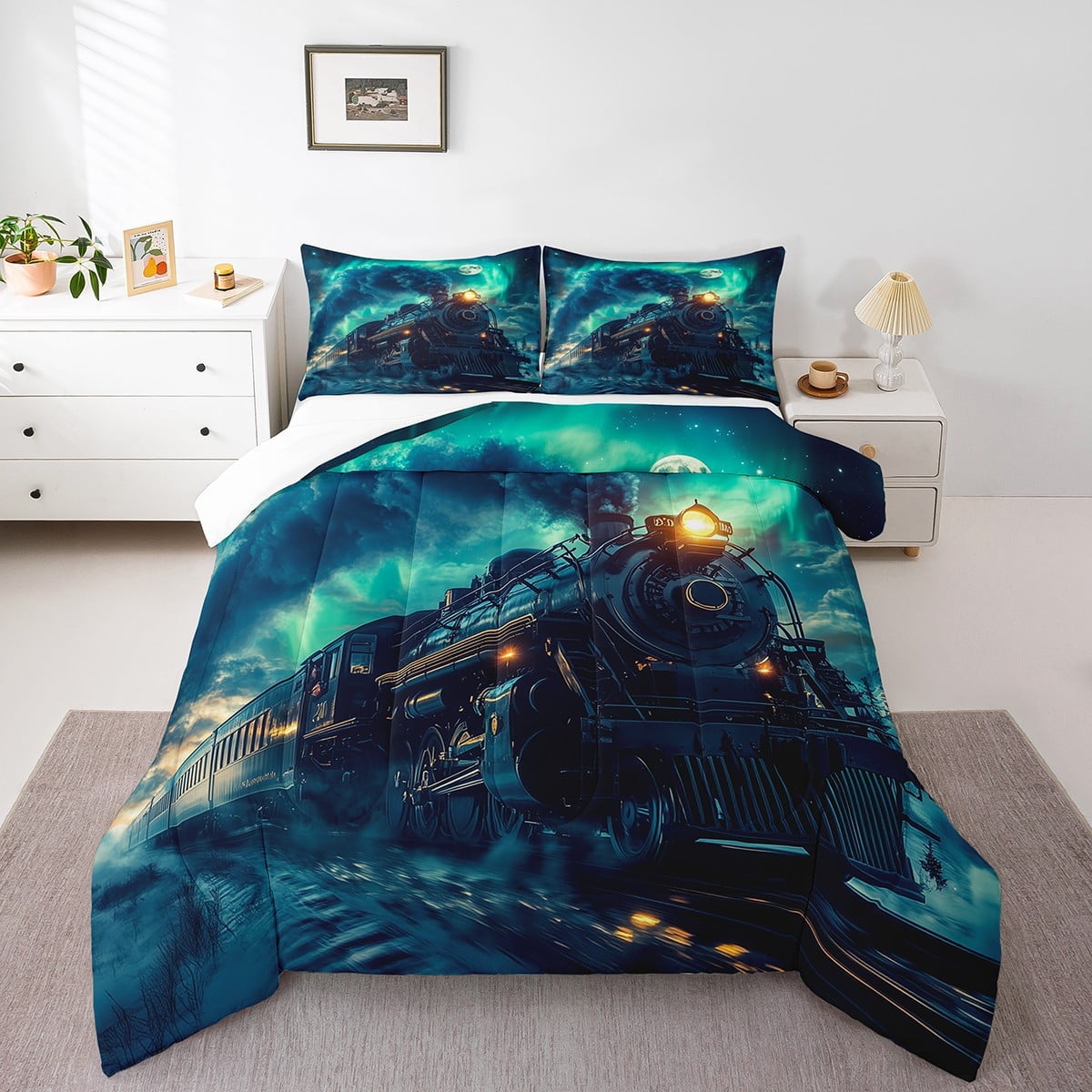 Vintage Steam Engine Bedding Set Old Train Car Full Comforter Set Child ...