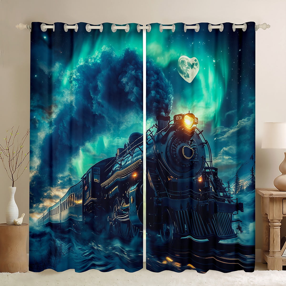 Vintage Steam Engine Curtains Kids Old Train Car 52"Wx63"L 2 Panels ...