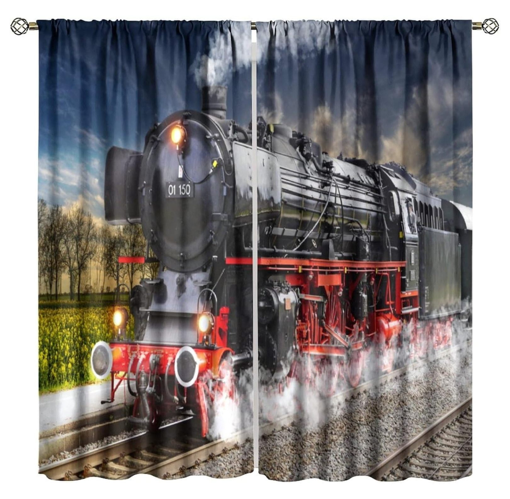 Vintage Steam Locomotive Train Curtains Old Steam Train Railroad Track Natural Scenery Curtain ...