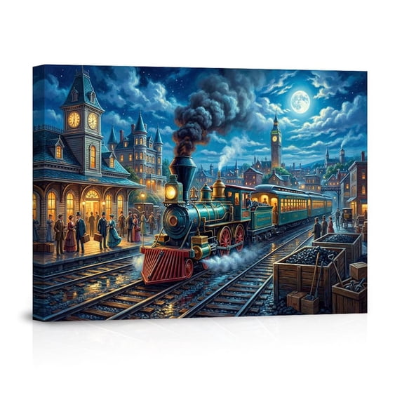 Vintage Steam Train At Moonlit Station Nostalgic Industrial Modern For ...