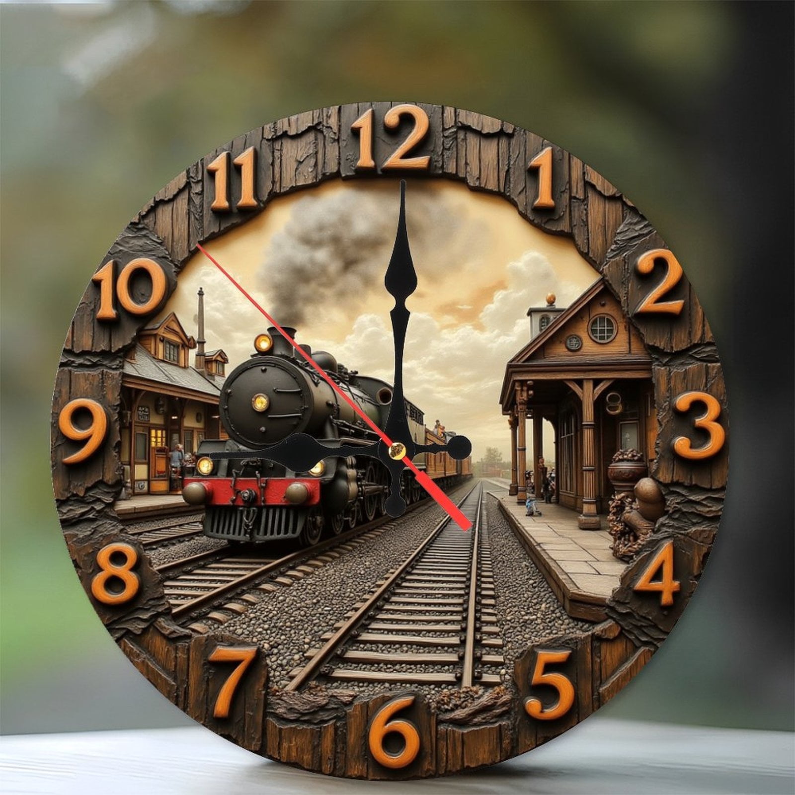 Vintage Steam Train Station Wall Clock 12-Inch Silent Wooden Wall Clock, Battery Operated (AA ...