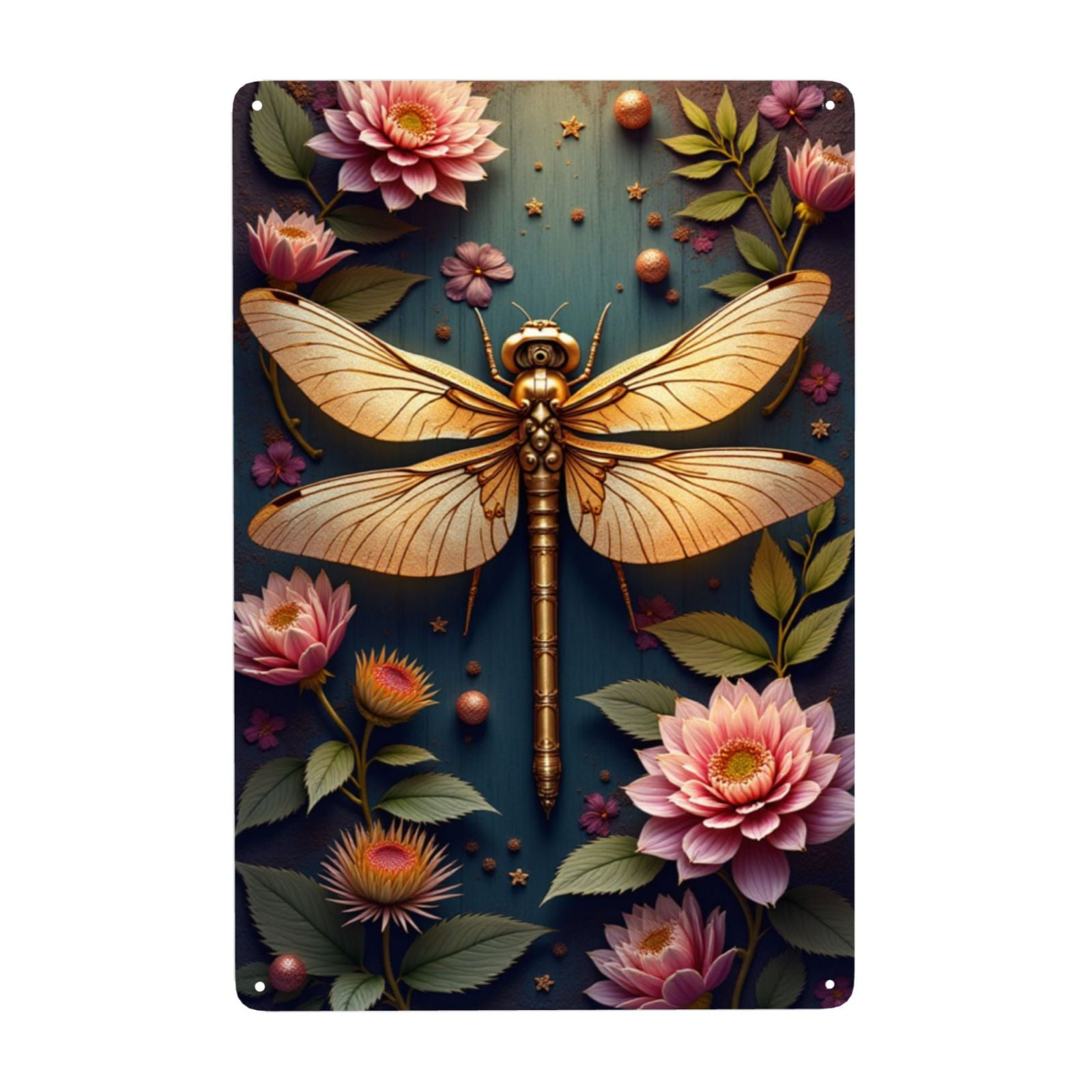 Vintage Steampunk Dragonfly Metal Tin Sign Floral Wall Decor Botanical ...