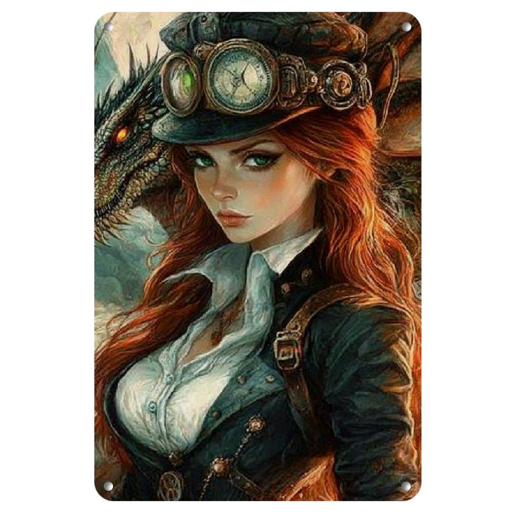 Vintage Steampunk Girl with Dragon 8x12 Inch Metal Wall Art - Durable ...