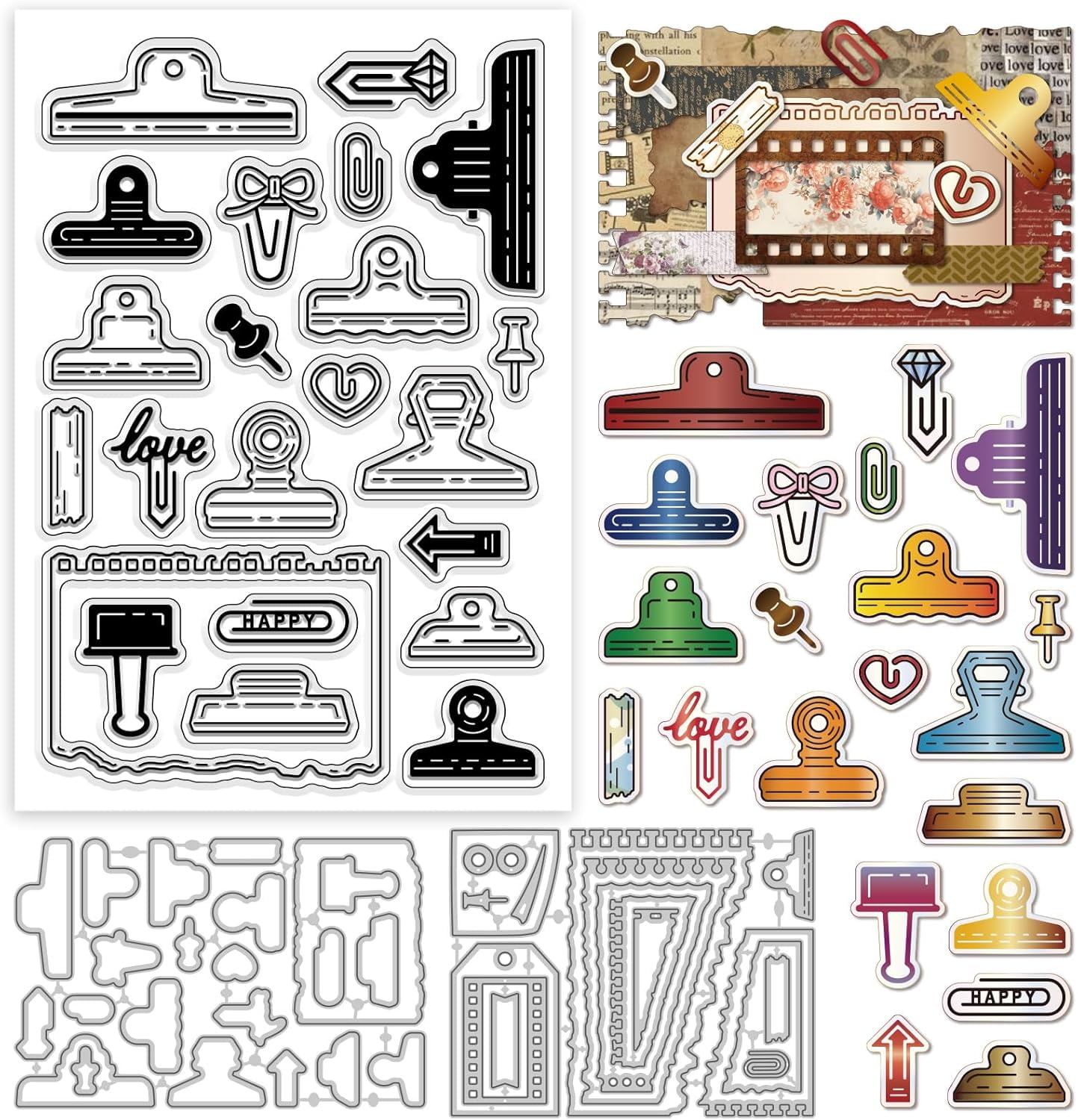 Vintage Sticky Note Paper Clip Clear Stamp and Cutting Dies Set for ...