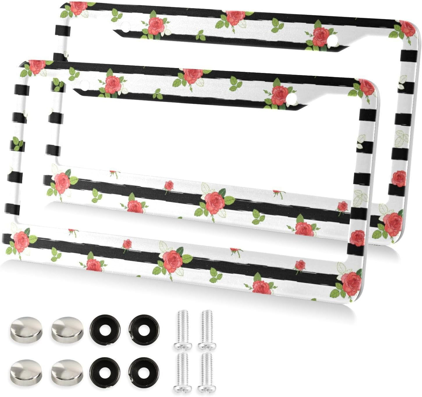 Vintage Striped Roses License Plate Frame - 2 Pack Universal Stainless ...