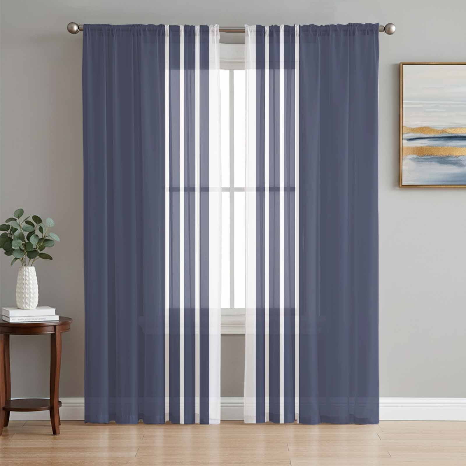 Vintage Striped Sheer Curtains 96 Inch Length 2 Panels Set, Midnight ...