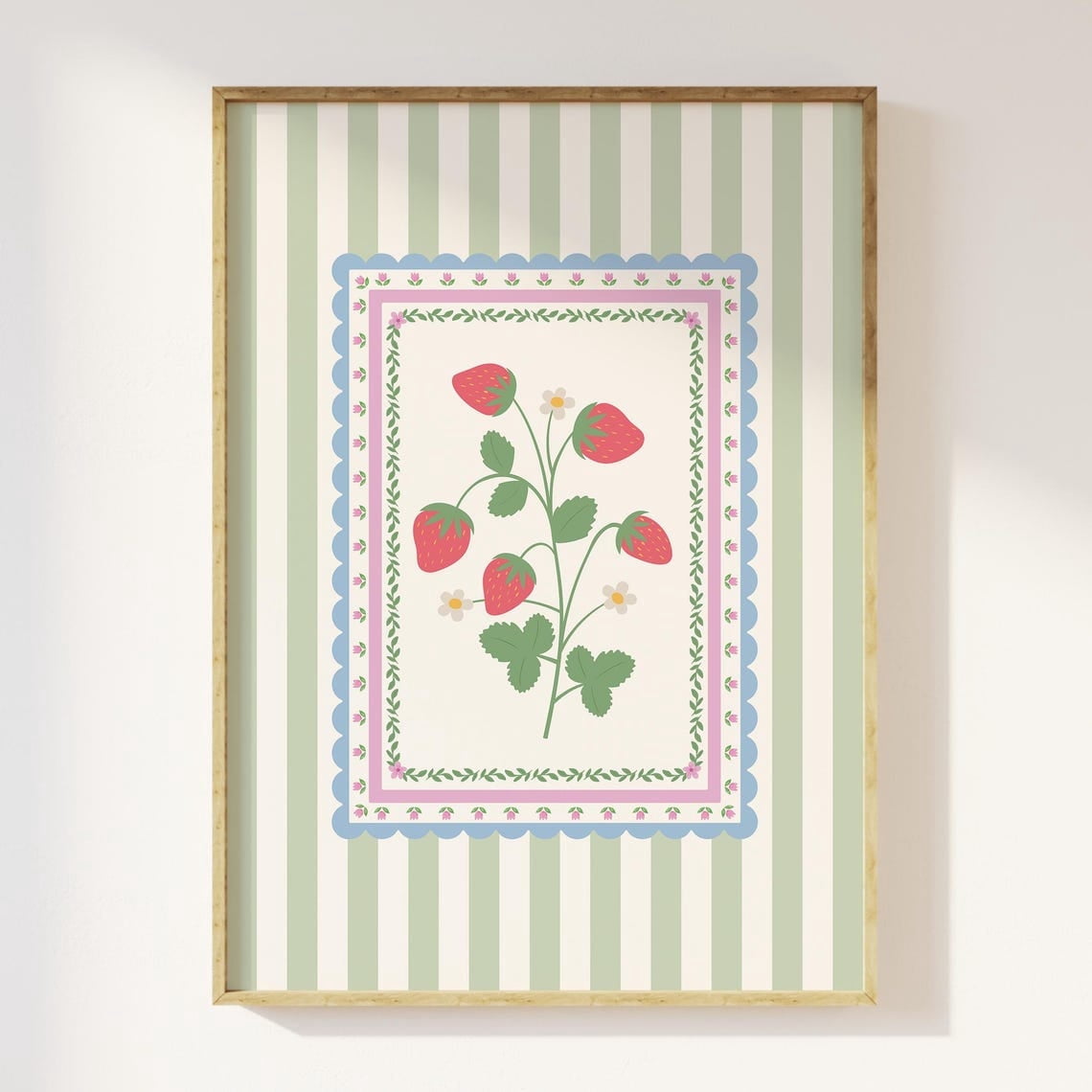 Vintage Striped Strawberry Print, Cottagecore Wall Art, Botanical Art ...