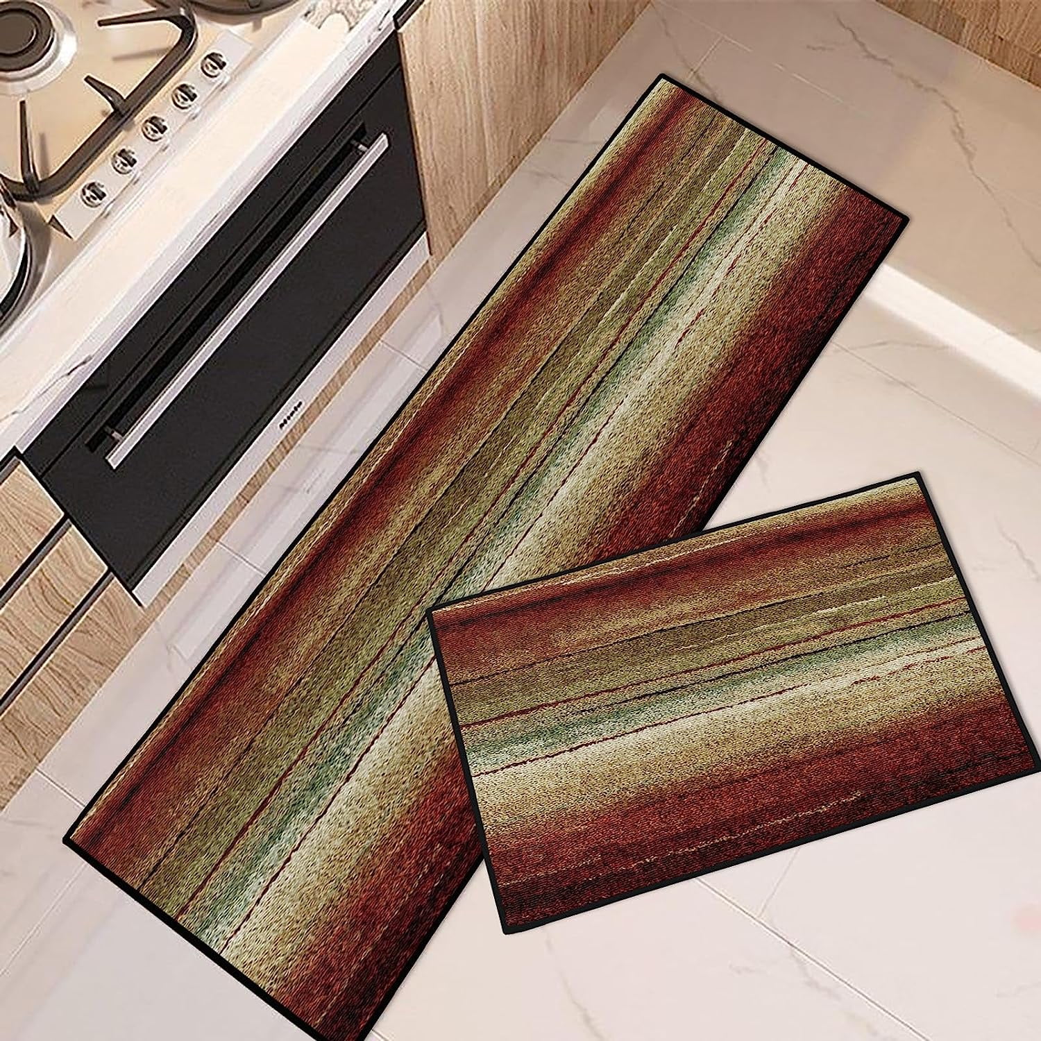 Vintage Stripes Home Kitchen Rugs and Mats Non Skid Washable Set of 2 ...
