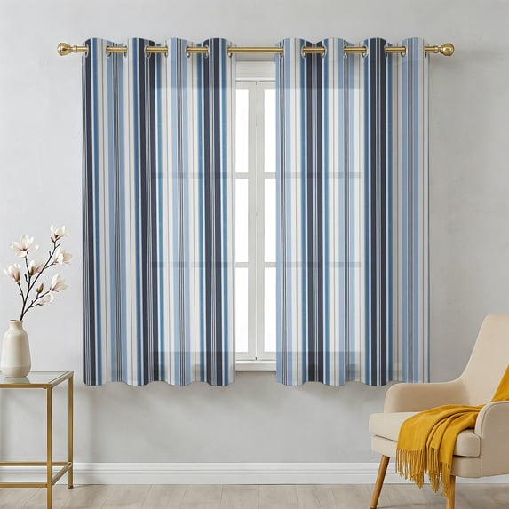 Vintage Stripes Sheer Curtains 45 Inch Long 2 Panels, Blue Black ...