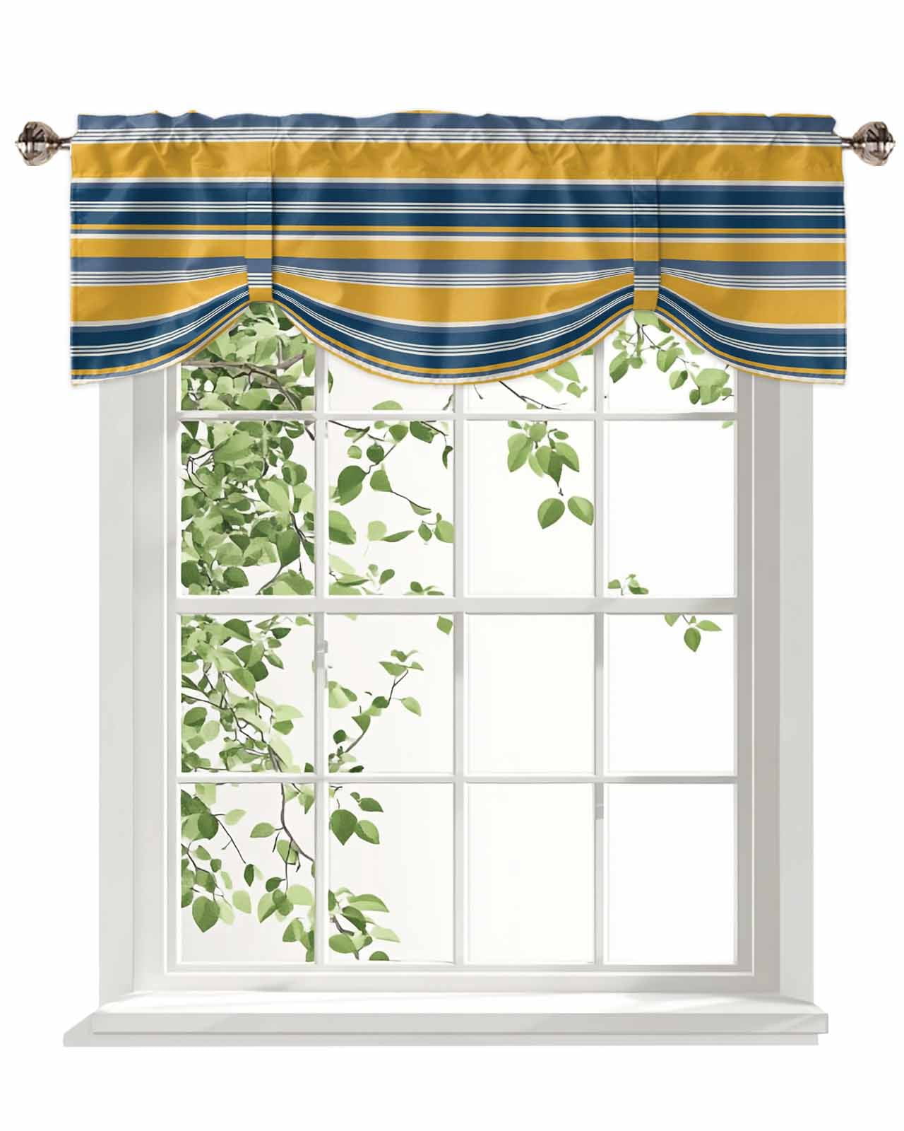 Vintage Stripes Tie Up Valances Curtain, Adjustable Kitchen Navy Yellow ...