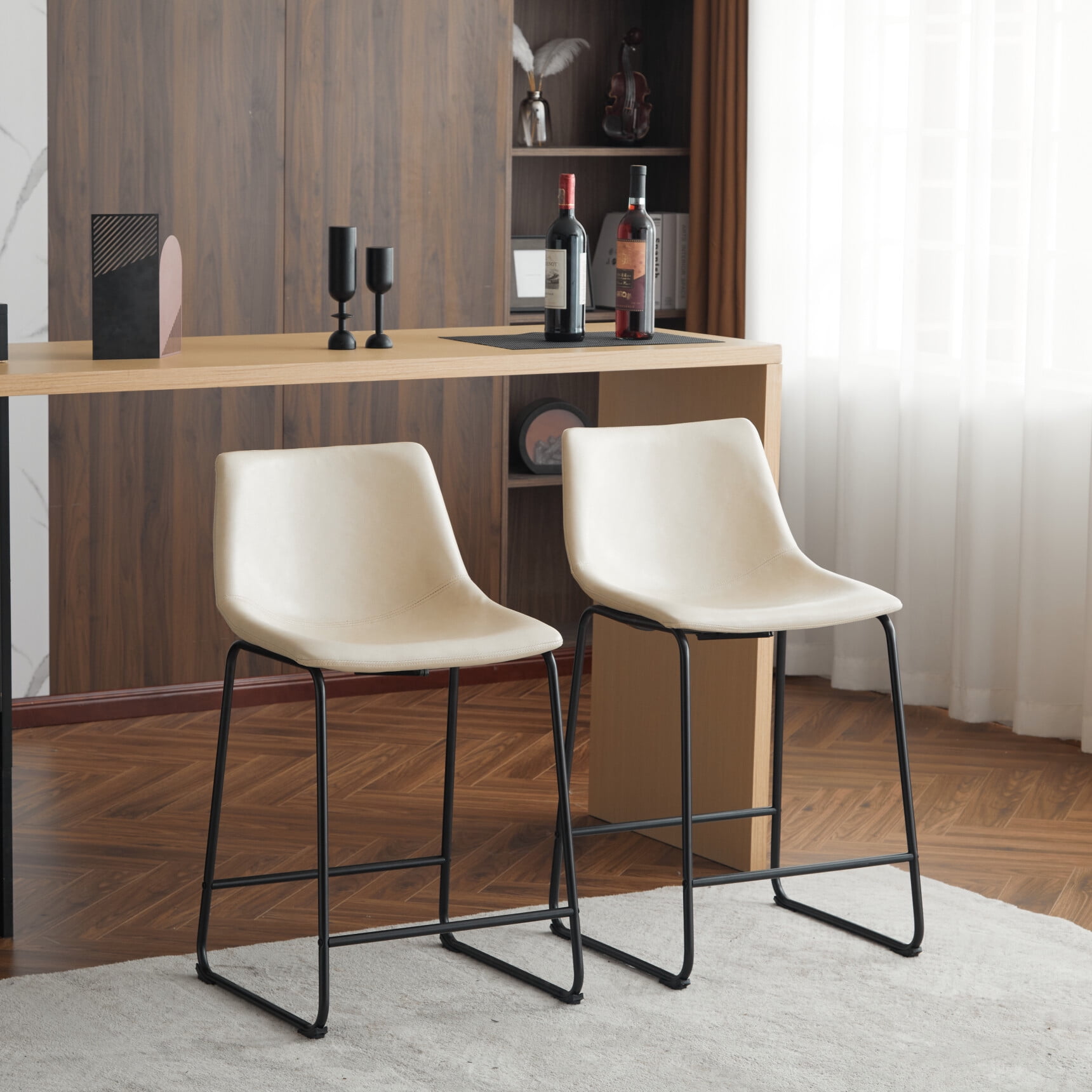 Vintage Style 24-Inch Set of 2 Barstool, Faux Leather Armless Counter ...