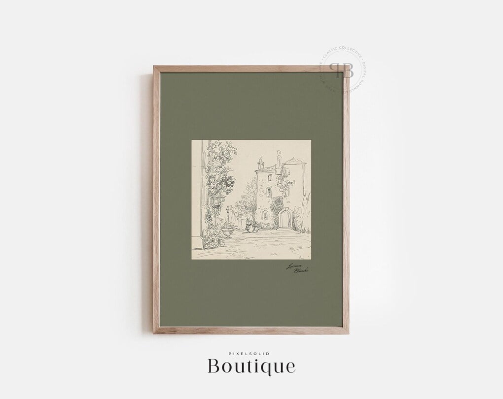 Vintage-Style Architectural Sketch – Rustic Courtyard Italian Drawing ...