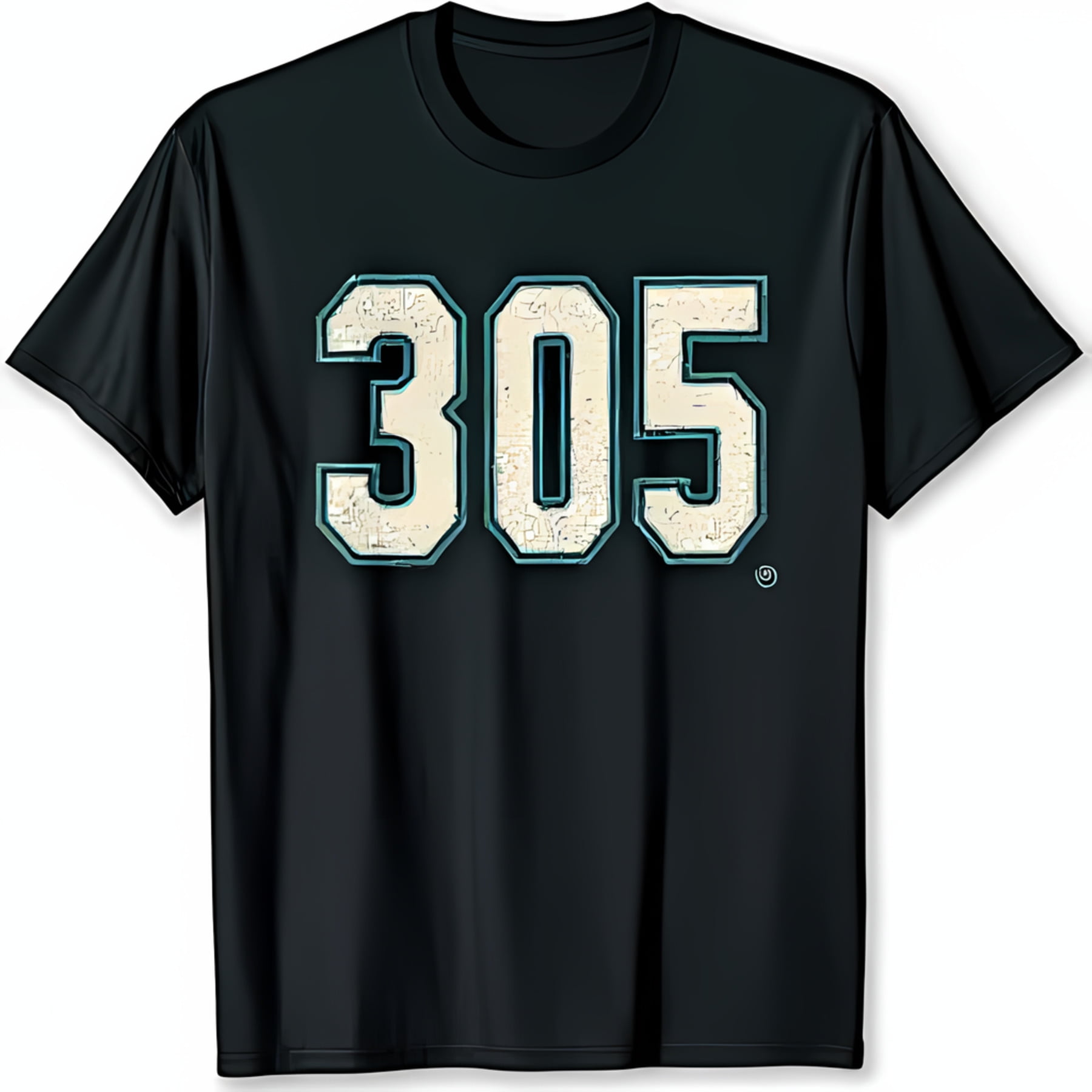 Vintage Style Black T-Shirt with Bold Pixelated '305' Design and Blue ...