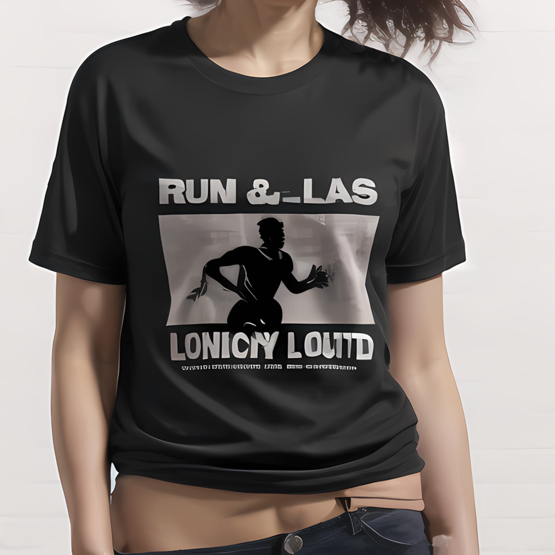 Vintage Style Black T-Shirt with Bold 'RUN' Text and Running Man Design ...
