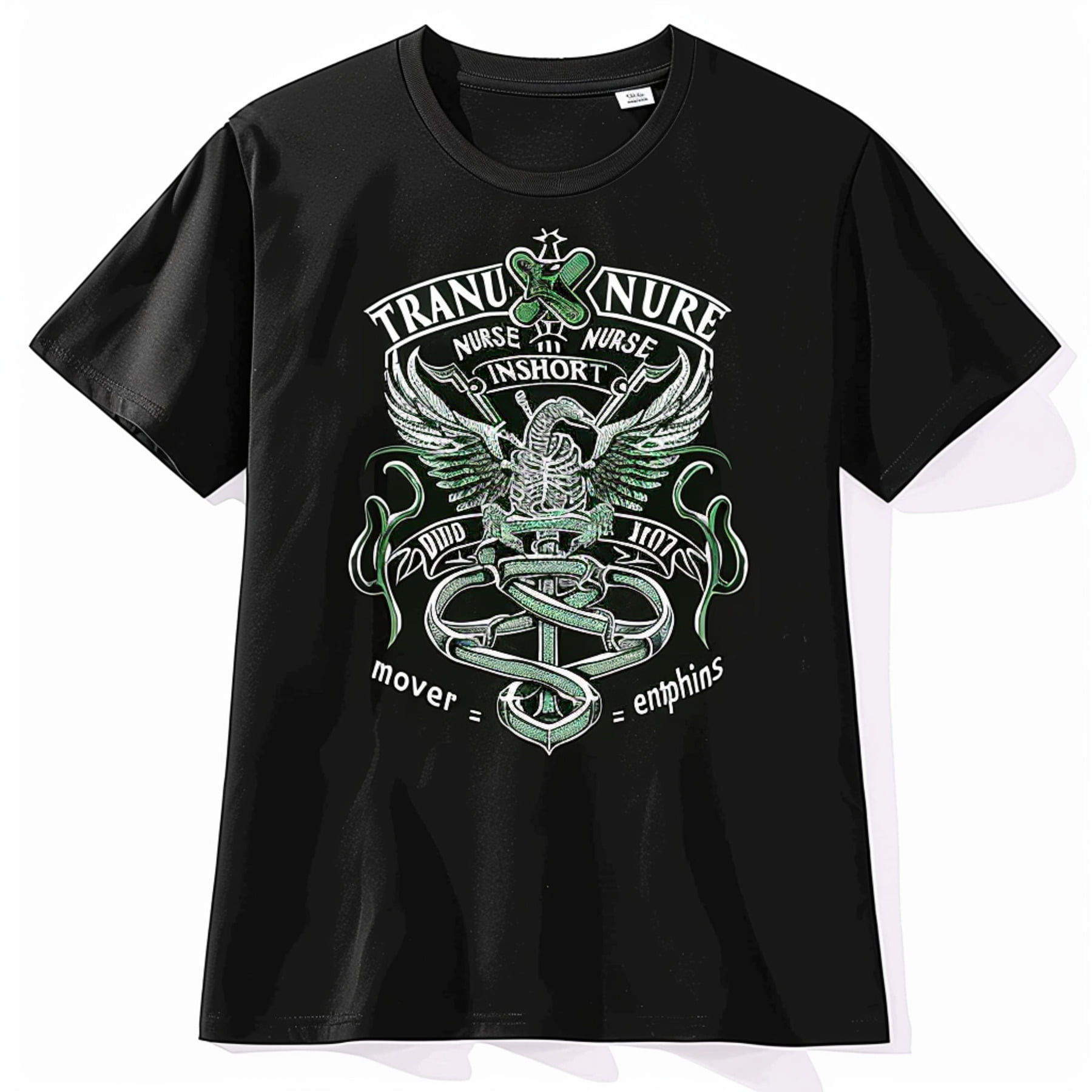 Vintage Style Black T Shirt with Caduceus Illustration Inshort Design ...