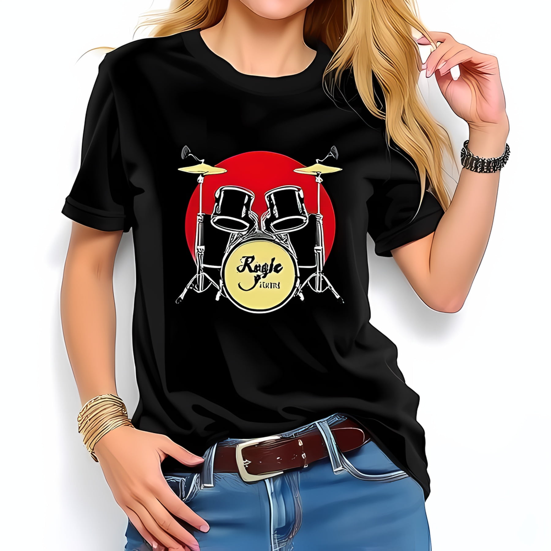 Vintage Style Black T-Shirt with Drum Set Graphic and 'Ragle' on Drum ...