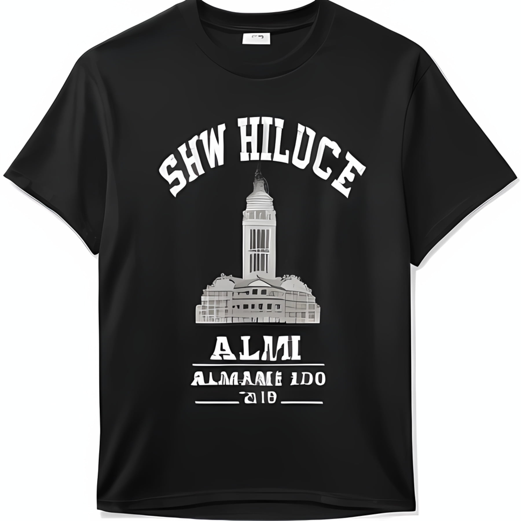 Vintage Style Black T-Shirt with Hyperminimalistic 'SHW ALMI' and 'HIL ...