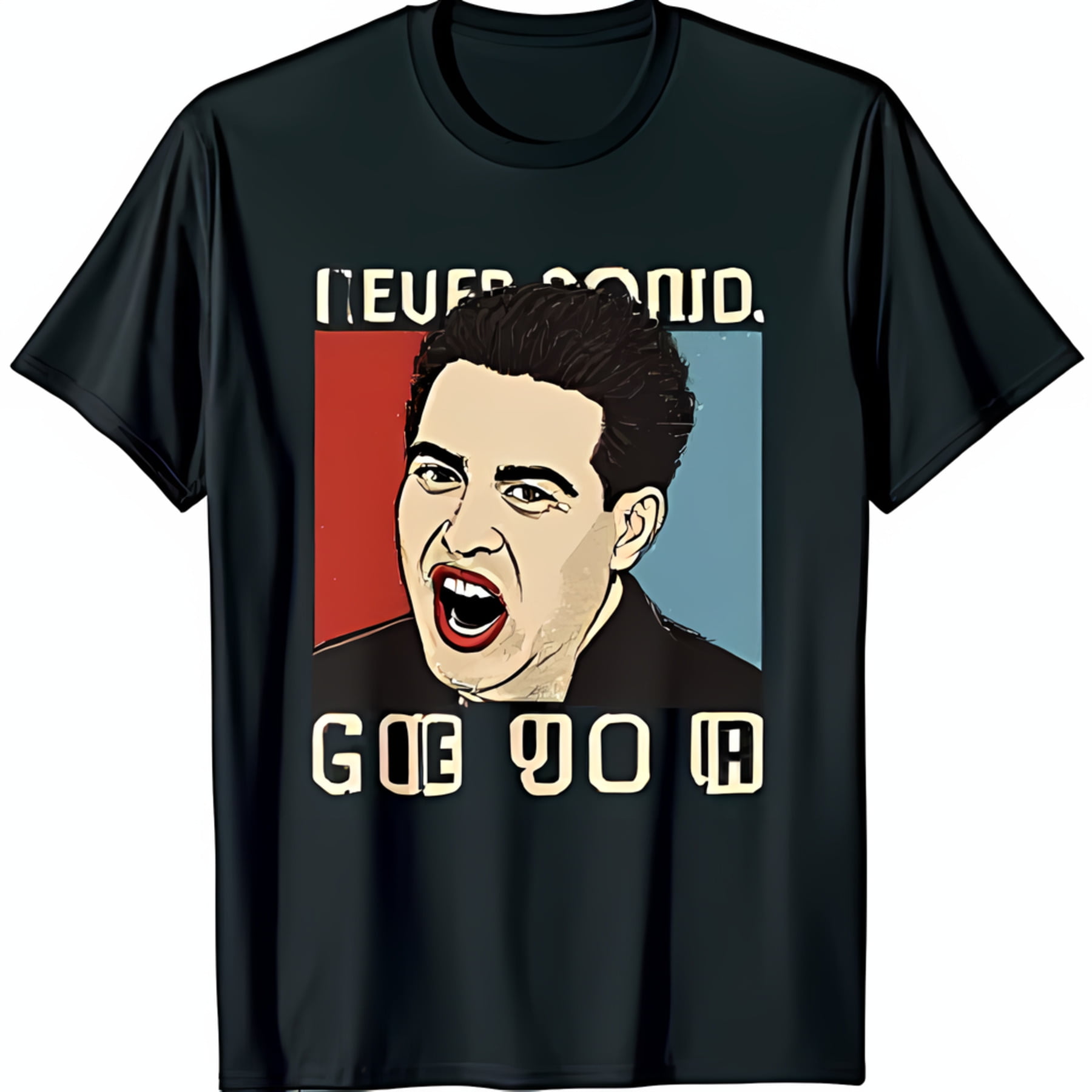 Vintage Style Black T-Shirt with Surprised Man Graphic & Never Gonna ...