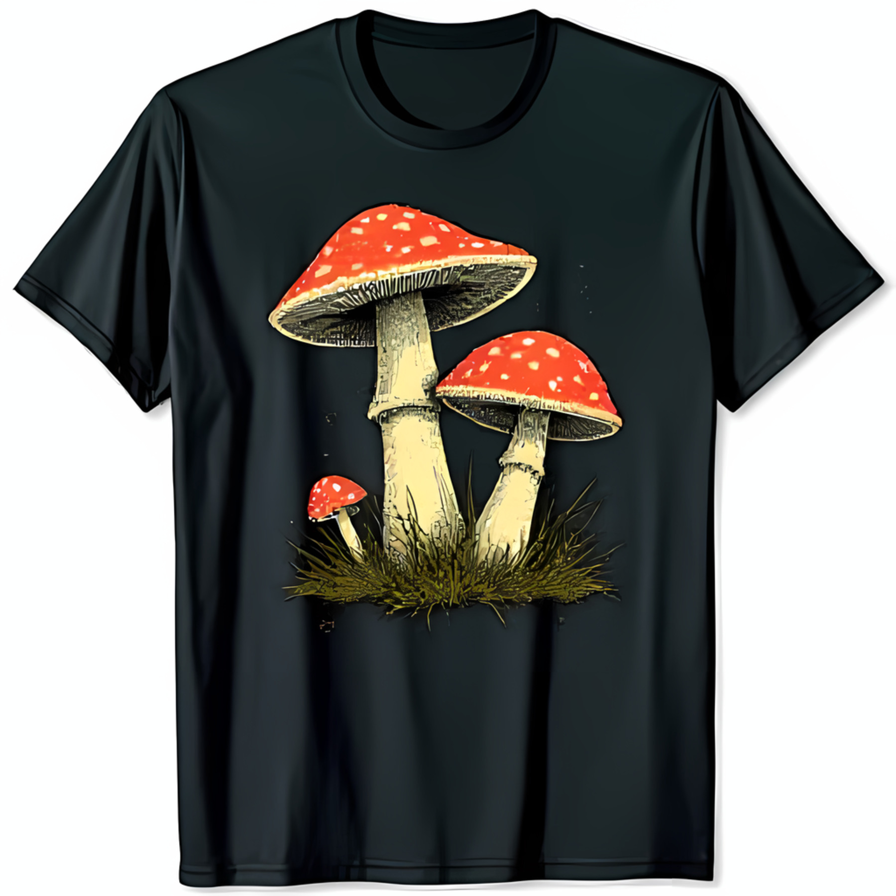 Vintage Style Black T-Shirt with Three Red and White Mushroom Print for ...