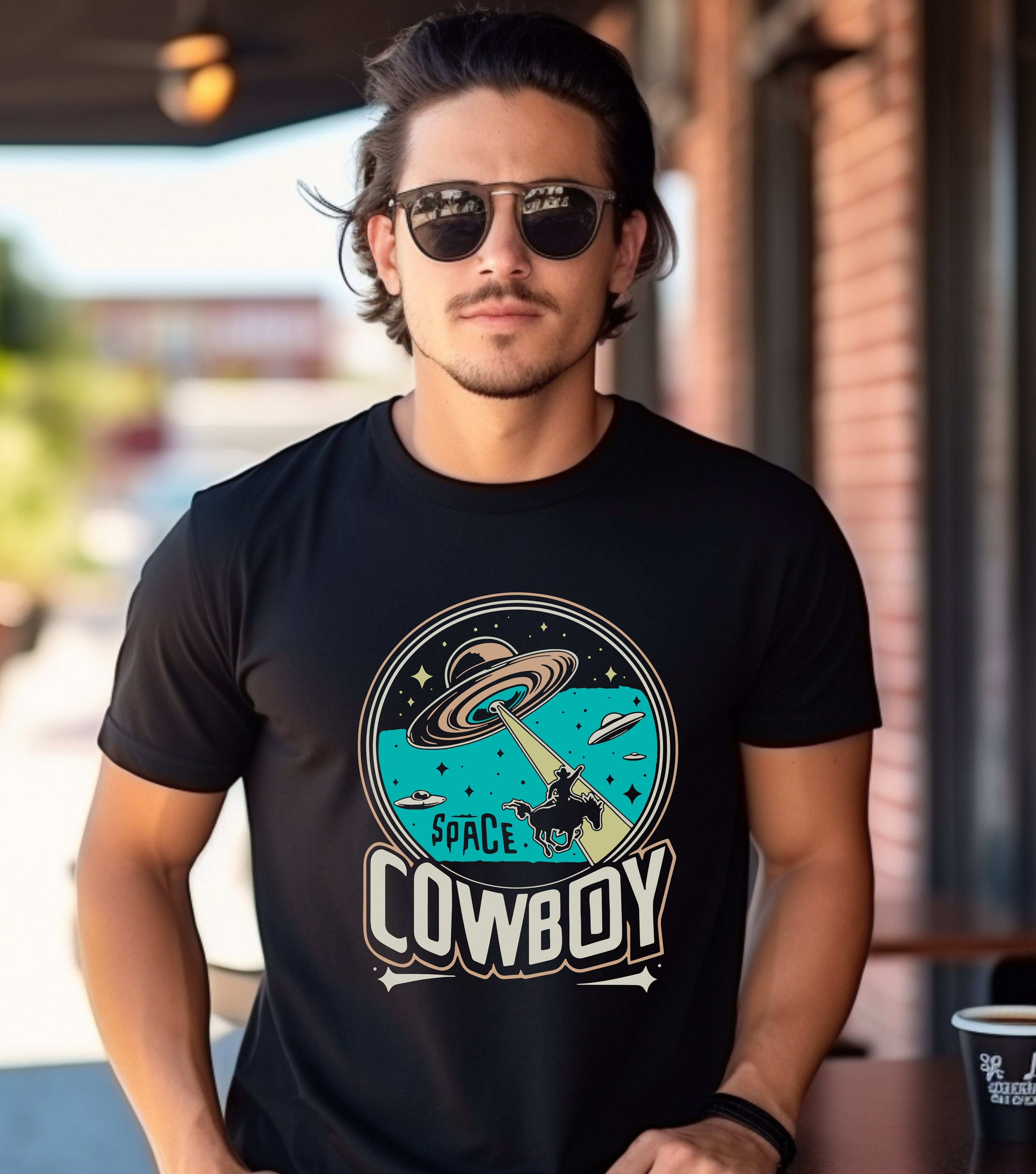 Vintage Style Cowboy UFO Unisex Tee, Western Shirt, Alien Beam Light ...
