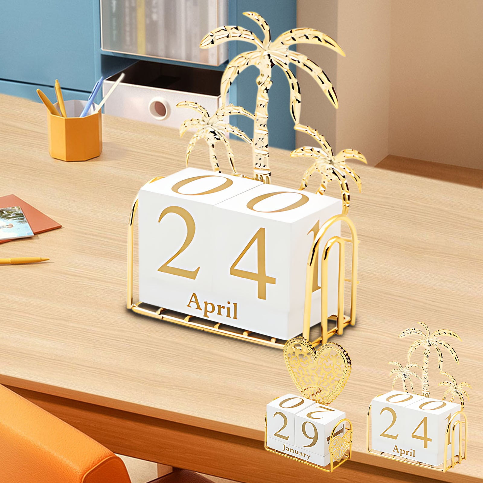 Vintage Style Desktop Perpetual Calendar Iron Wood Combination Digital ...