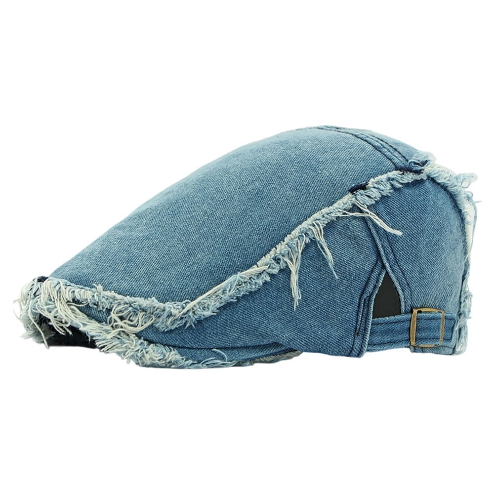 Vintage Style Distressed Denim Newsboy Cap with Raw Edge Trim and ...