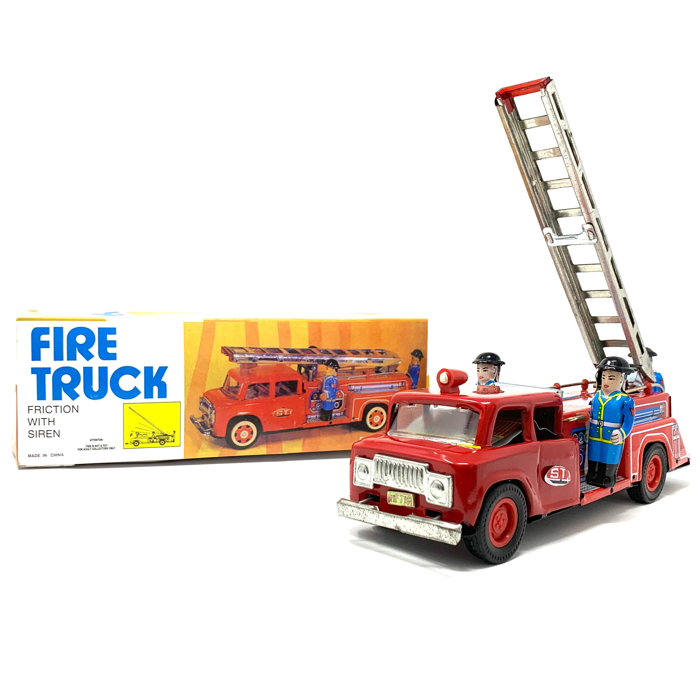 Vintage Style Fire Engine Truck Ladder Friction with Siren Tin Toy in ...