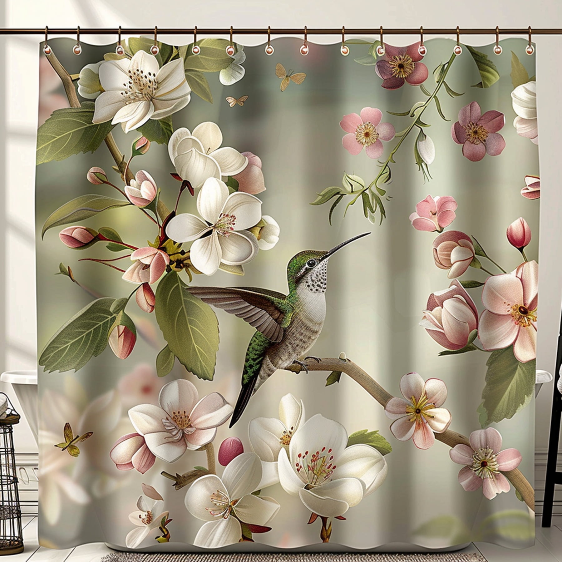 Vintage Style Hummingbird And Flowers Shower Curtain With Beautiful