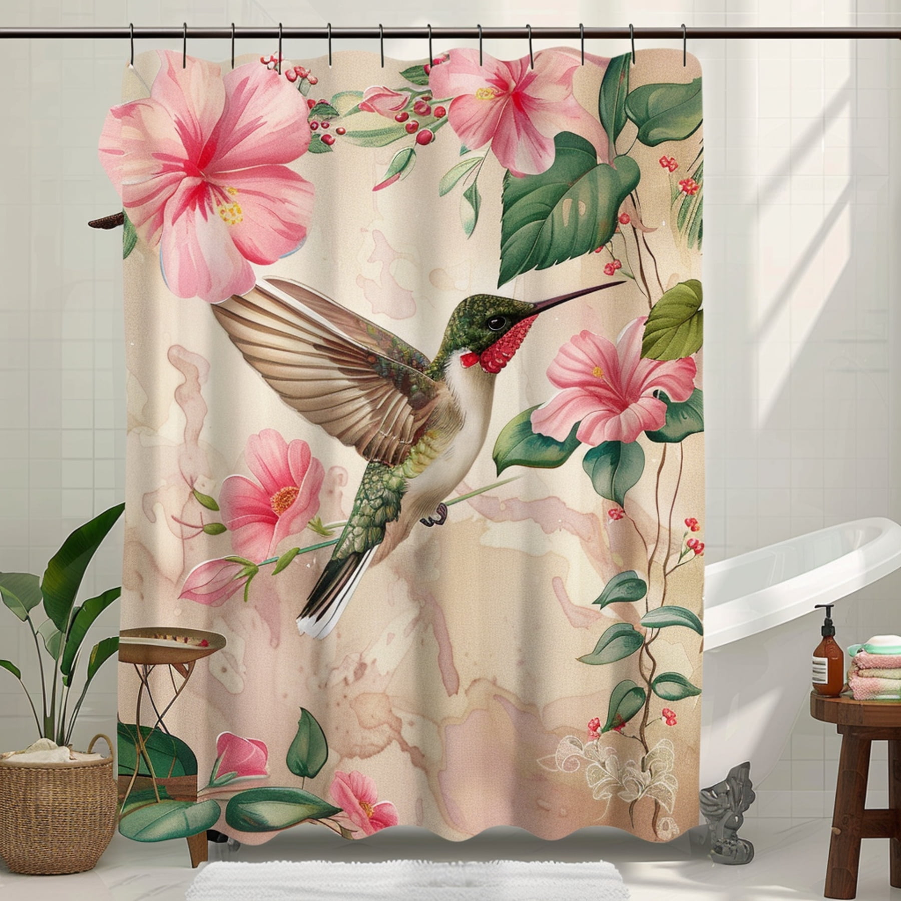 Vintage Style Hummingbird And Pink Floral Boho Shower Curtain Retro