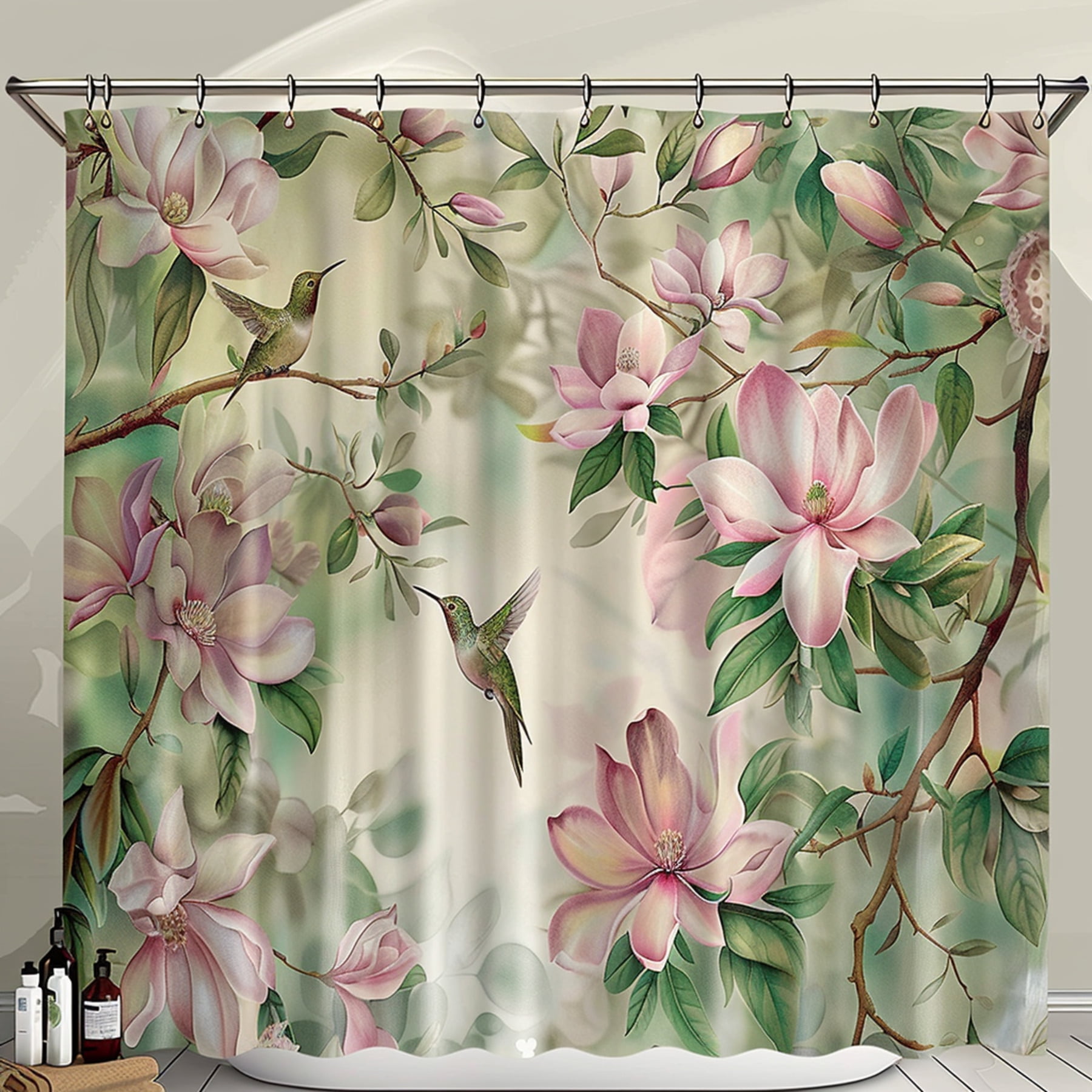 Vintage Style Hummingbirds In Magnolia Flowers Shower Curtain Pastel