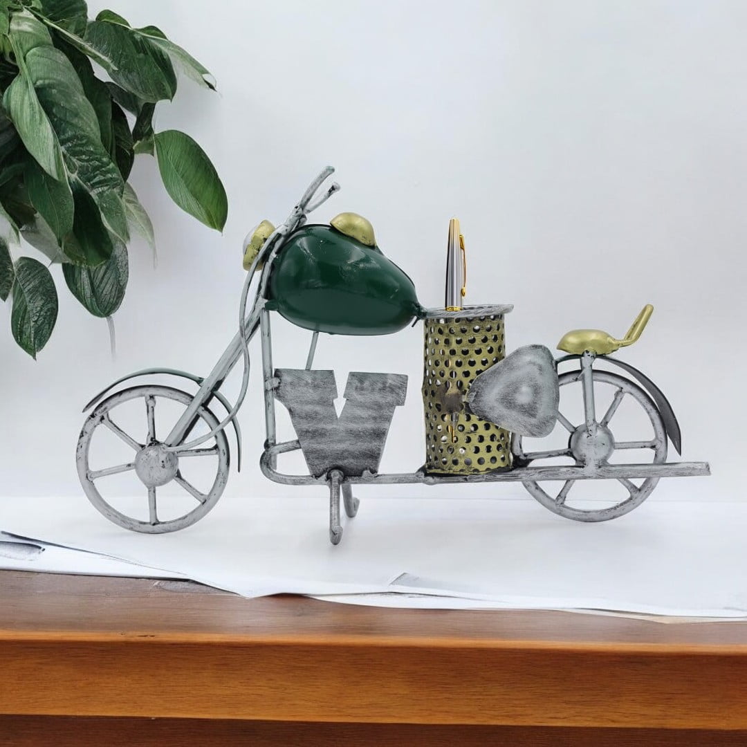Vintage-Style Iron Bike Pen Stand – Rustic Finish with Green Fuel Tank ...