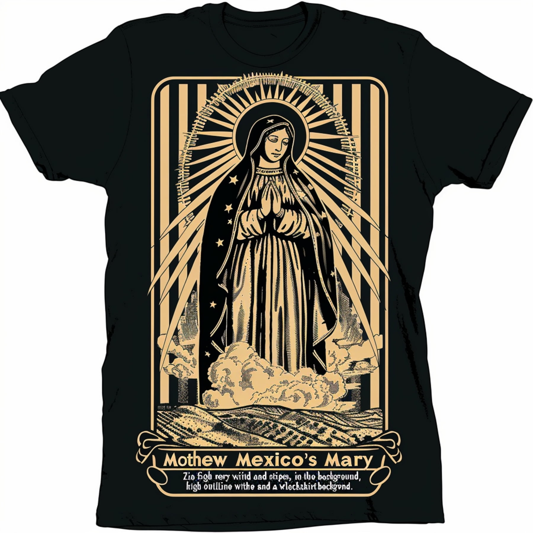 Vintage Style Mother Mary & Zia Symbol Design Black Tee High Detail Vector Art Unique Graphic ...
