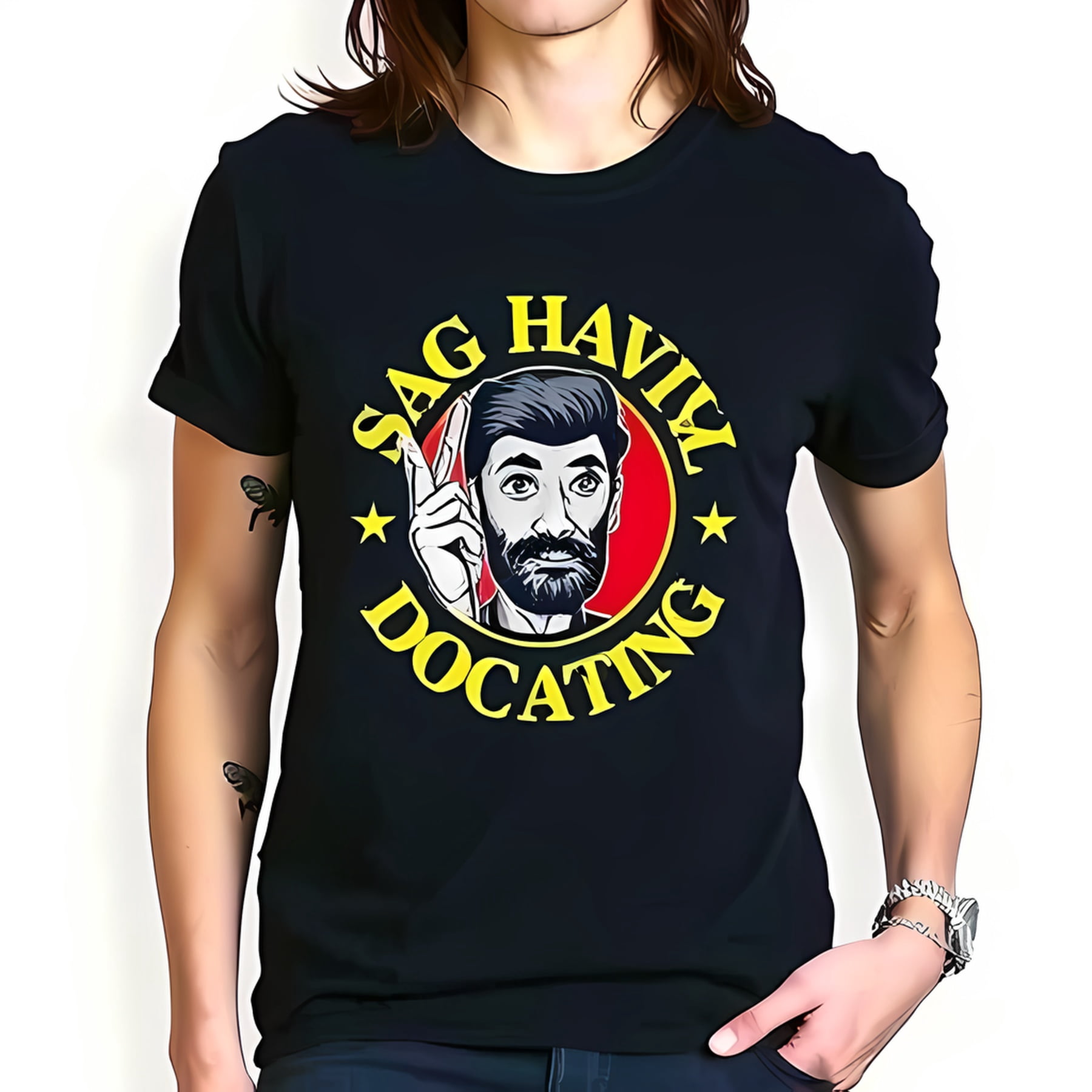 Vintage Style Navy Blue T-Shirt with Bold 'SAG HAVIL DOCATING' Graphic ...