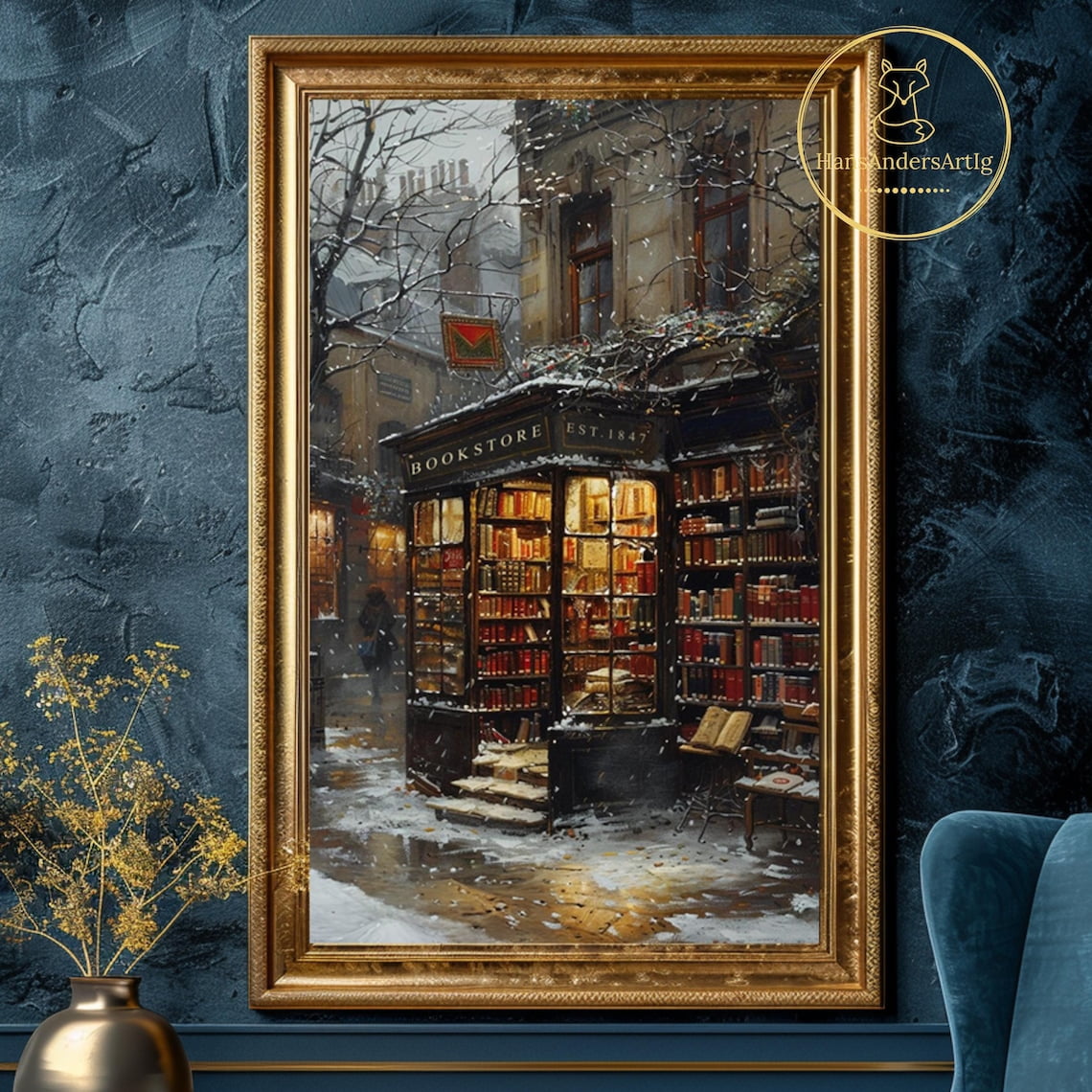 Vintage Style Poster Bookstore Painting Print Book Lover Gift Library ...