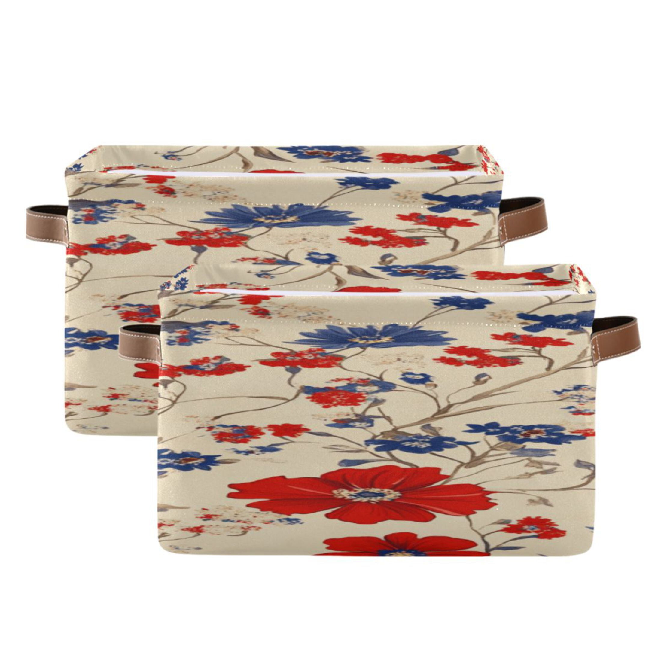 Vintage Style Red White Blue Flowers Square Storage Bins with Handles ...