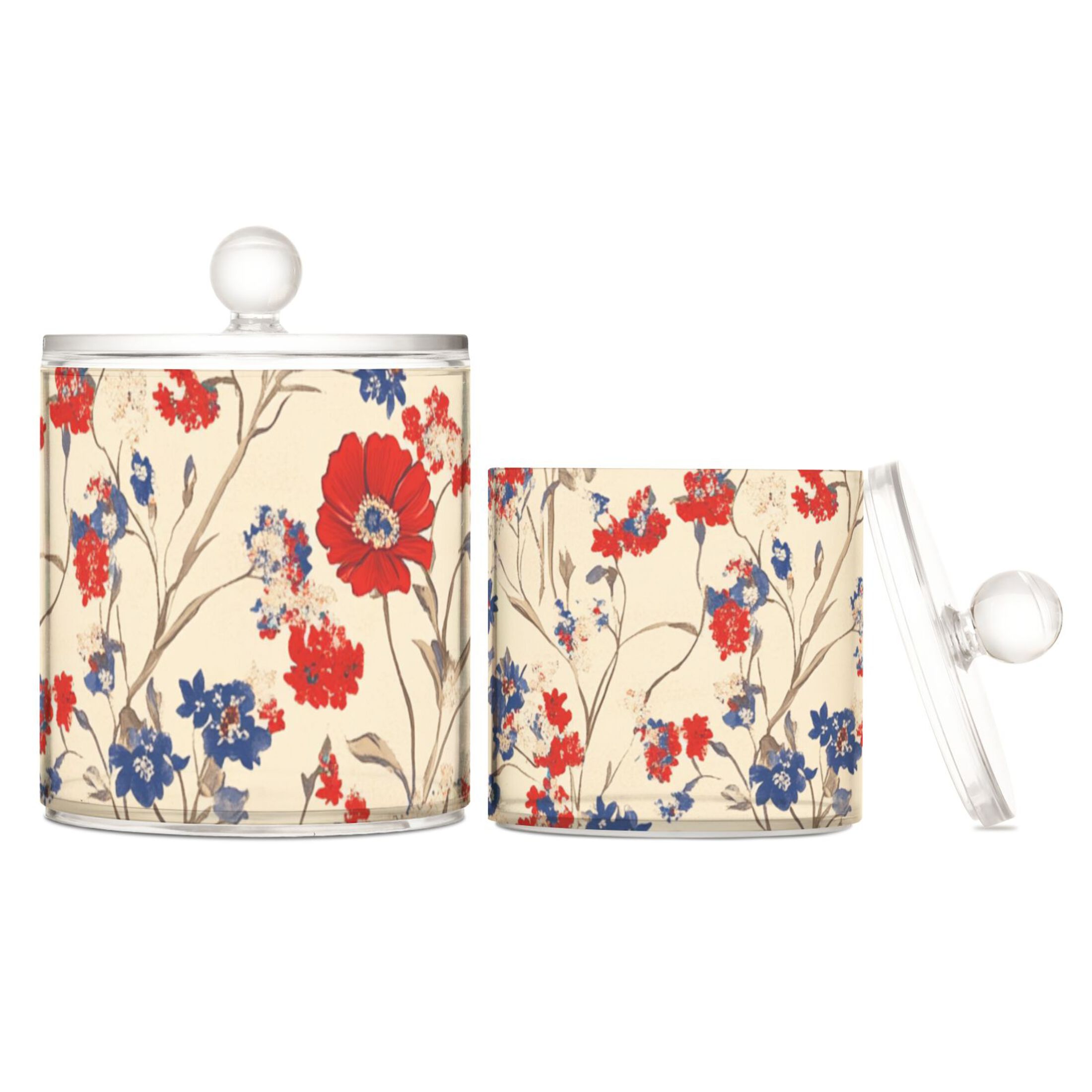 Vintage Style Red White Blue Flowers Translucent Plastic Cans Storage ...