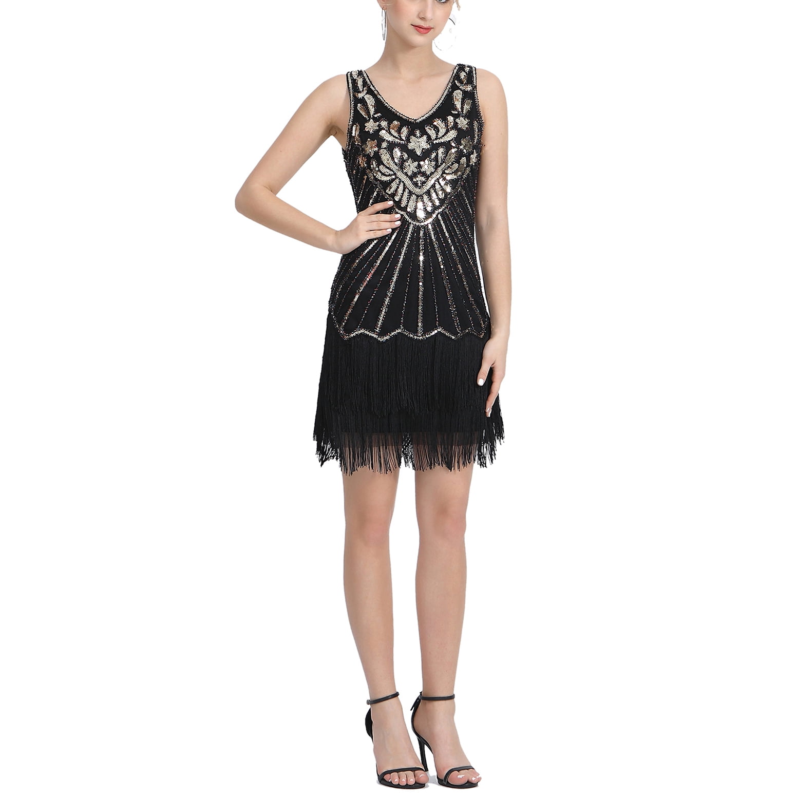 Vintage Style Roaring 20S Dress Fringe Short Flapper V Neck Sequin ...