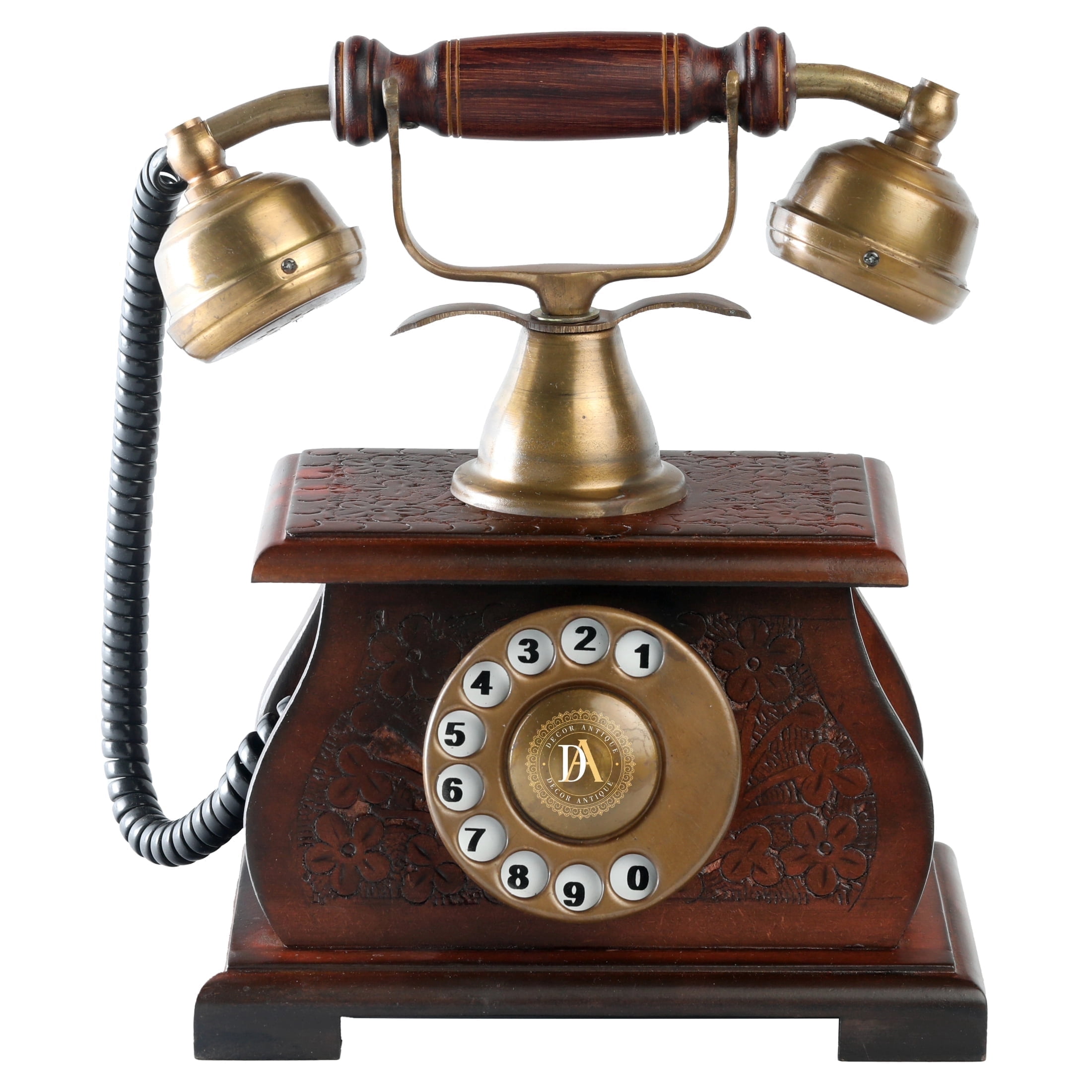 Vintage Style Non-Working Telephone, Wooden Base with Brass Accents ...