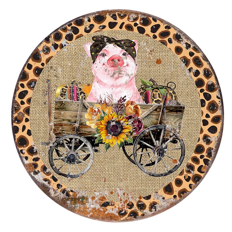 Vintage Style Round Tin Sign Wall Plaque Fall Pig In Wagon With ...