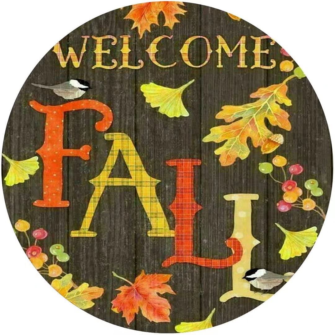 Vintage Style Round Tin Sign Welcome Fall Leaves Chickadee Bird ...