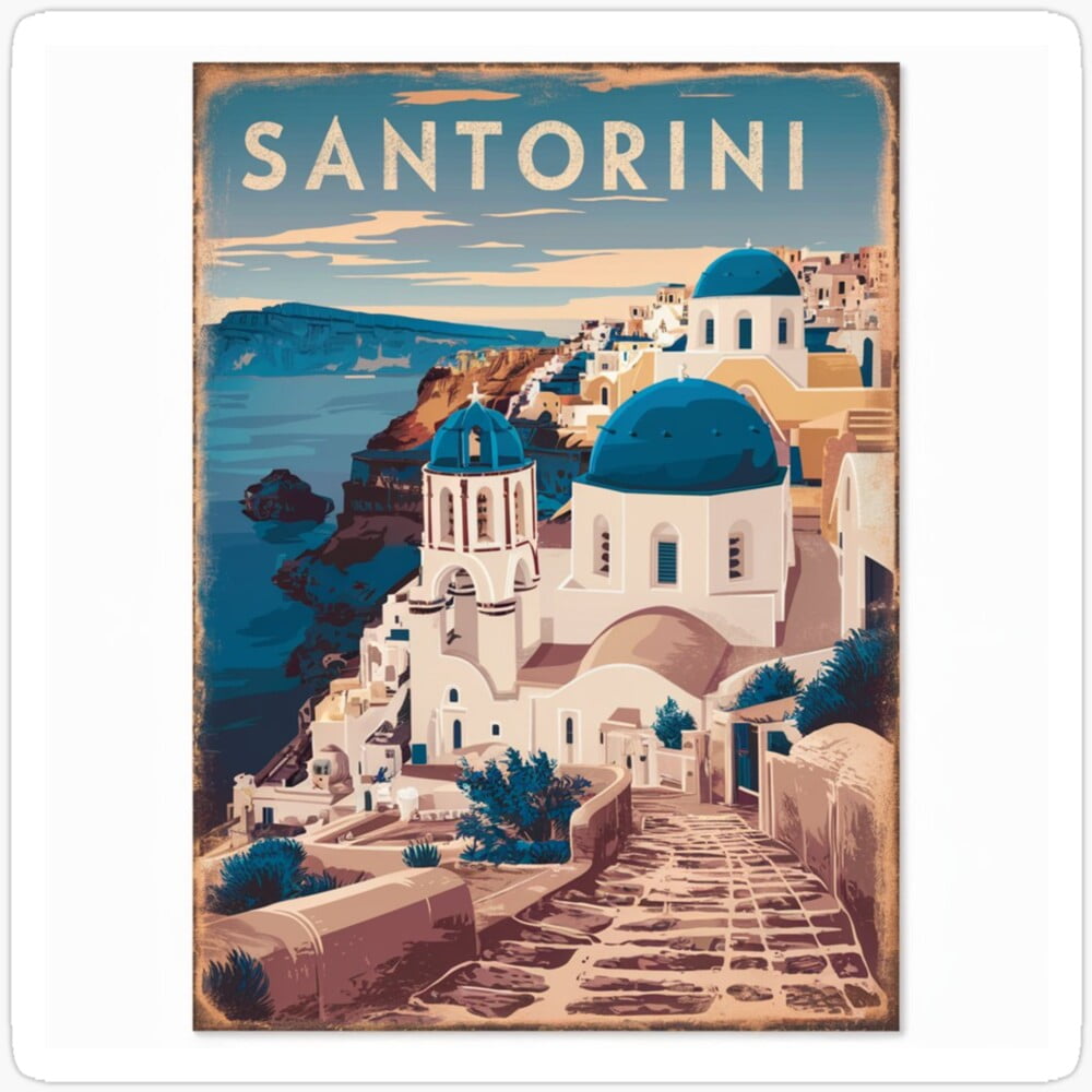Vintage-Style Santorini Travel Poster Sticker Phone Decal Water Bottle ...