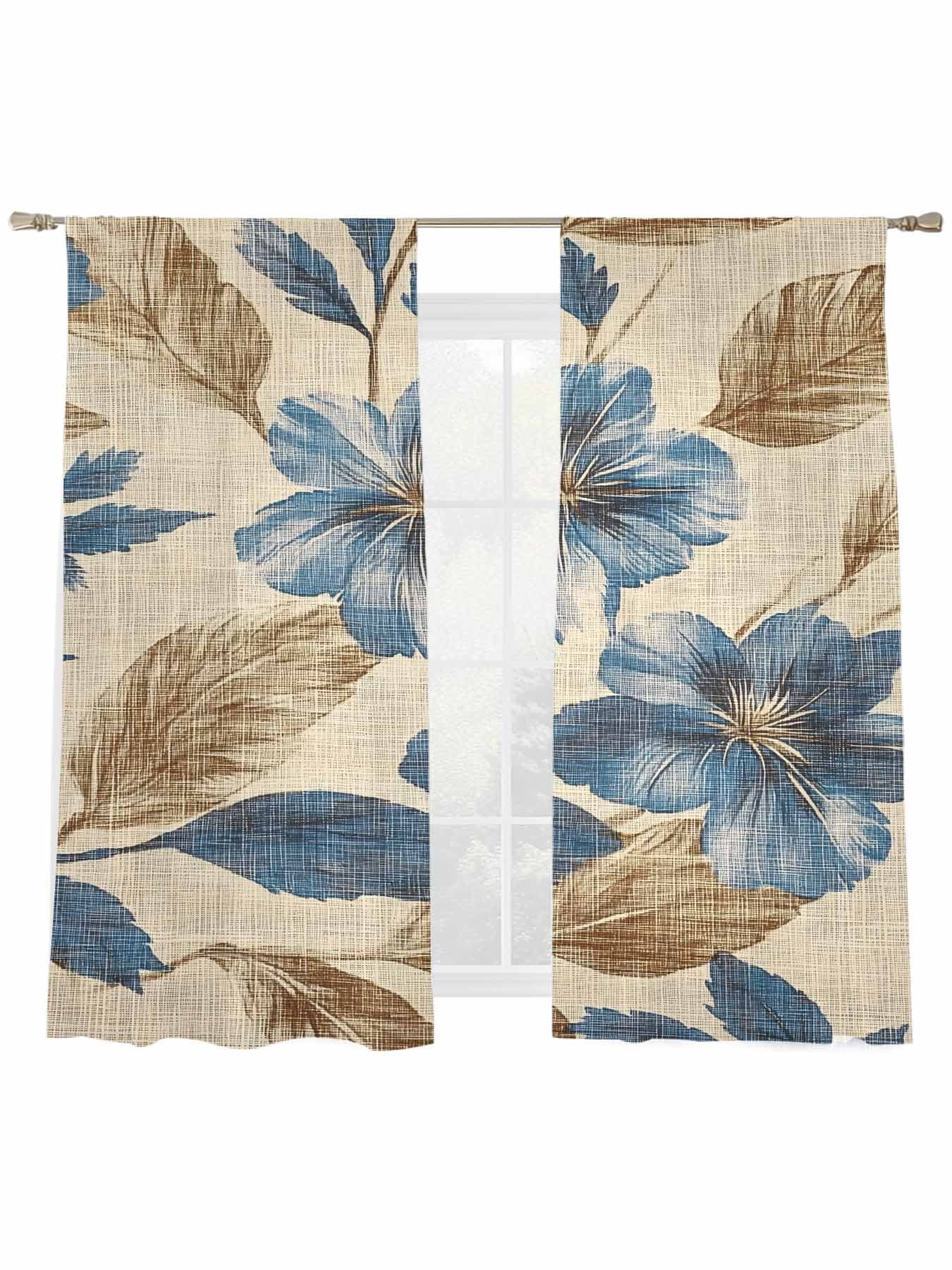 Vintage Style Sheer Curtains 2 Panels Set Tropical Plants Blue Flowers ...