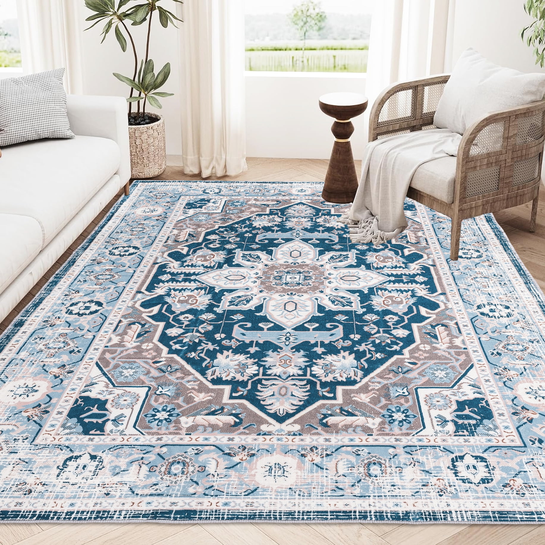 Vintage Style Washable Rug 6x9, Blue Non-slip Area With Flower Pattern ...