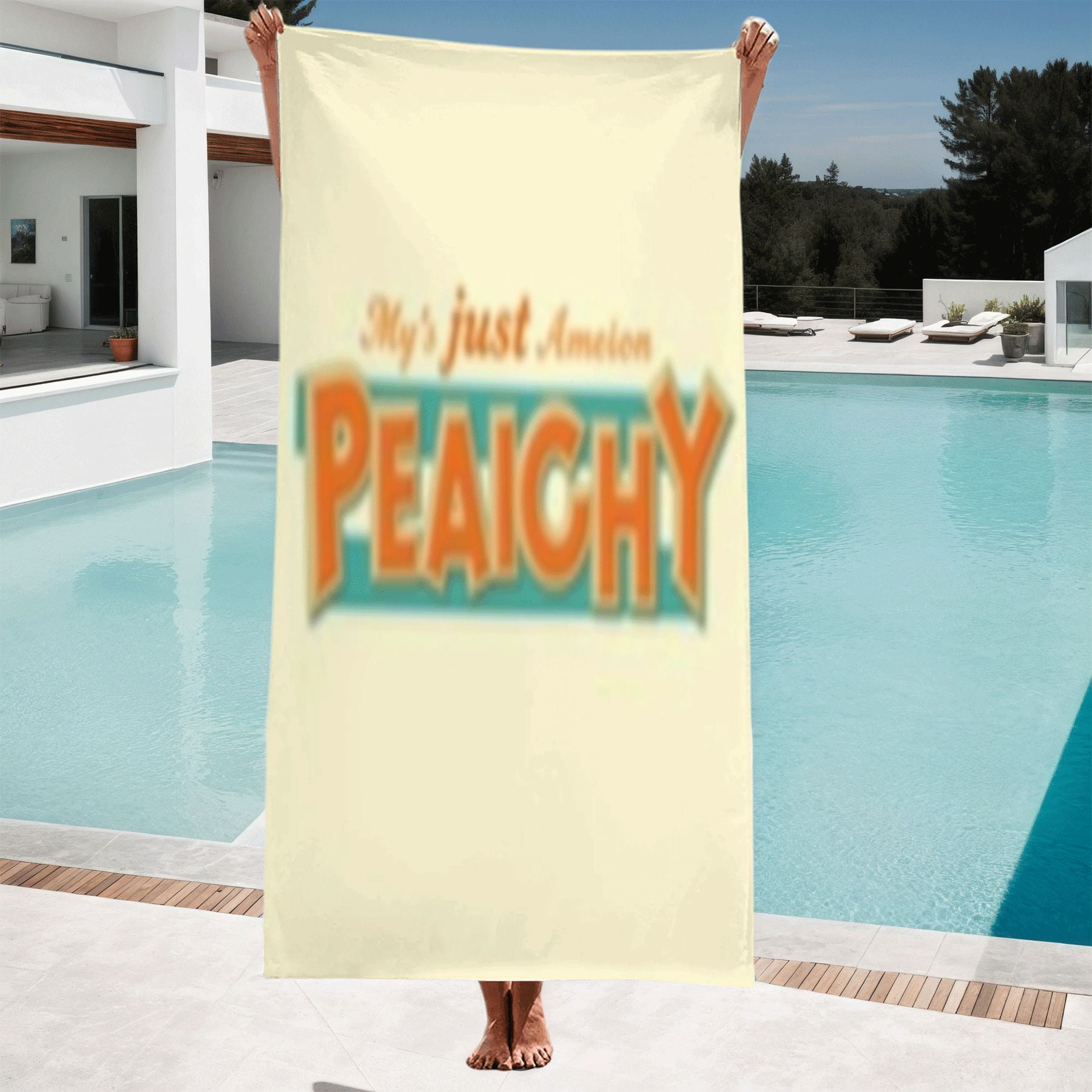 Vintage-Style beach towel featuring playful ' My ' s just Amoeba PEACHY ...