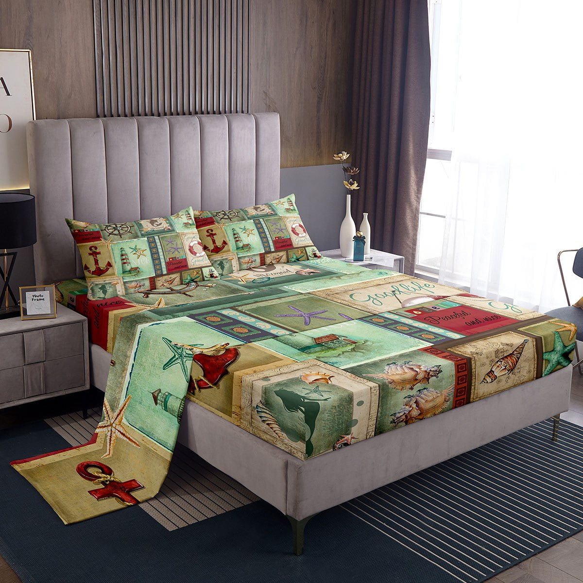 Vintage Summer Bed Sheets Set Queen,Ocean Anchor Lighthouse Rudder ...