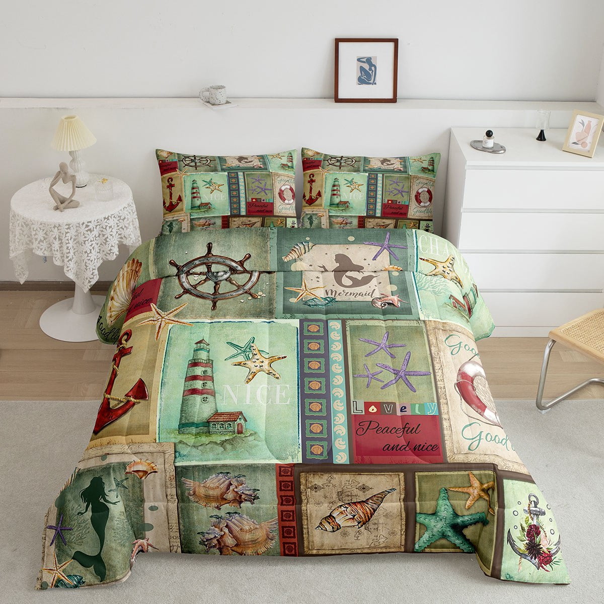Vintage Summer Comforter Set Full,Ocean Anchor Lighthouse Rudder ...